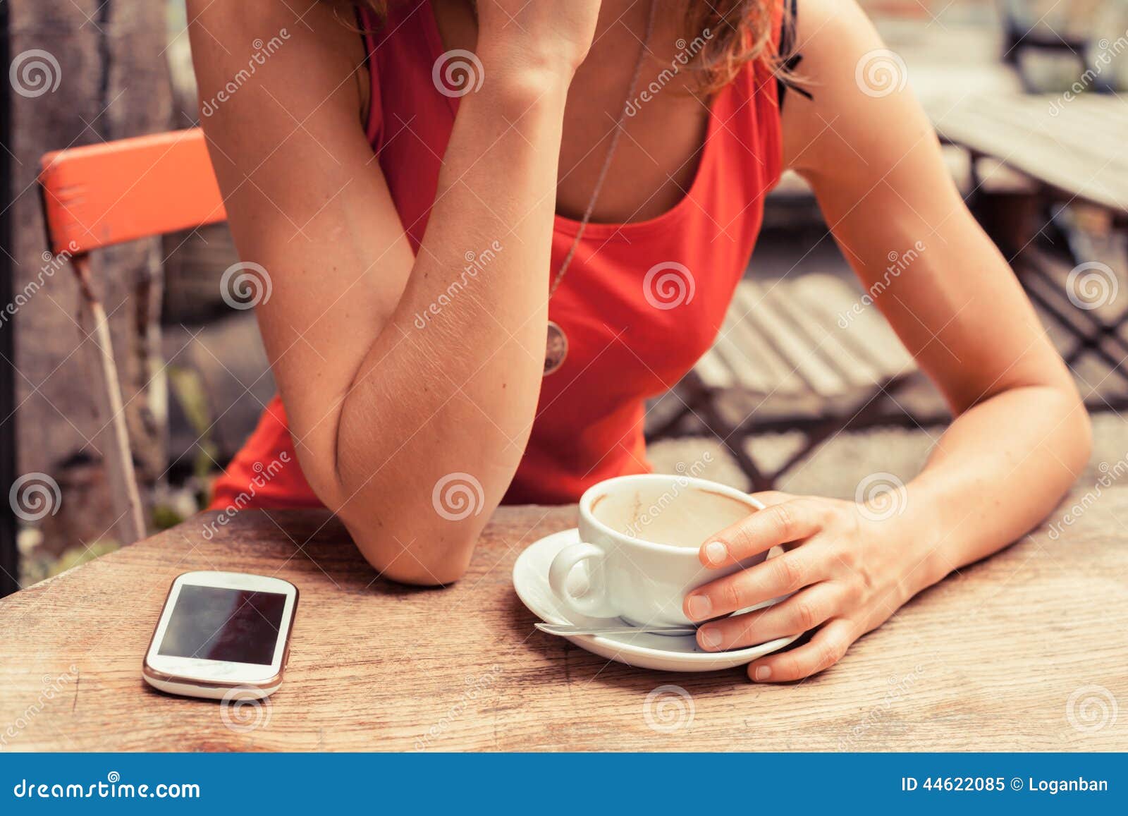 Young Woman Having Coffee and Using Phone Stock Image - Image of phone ...