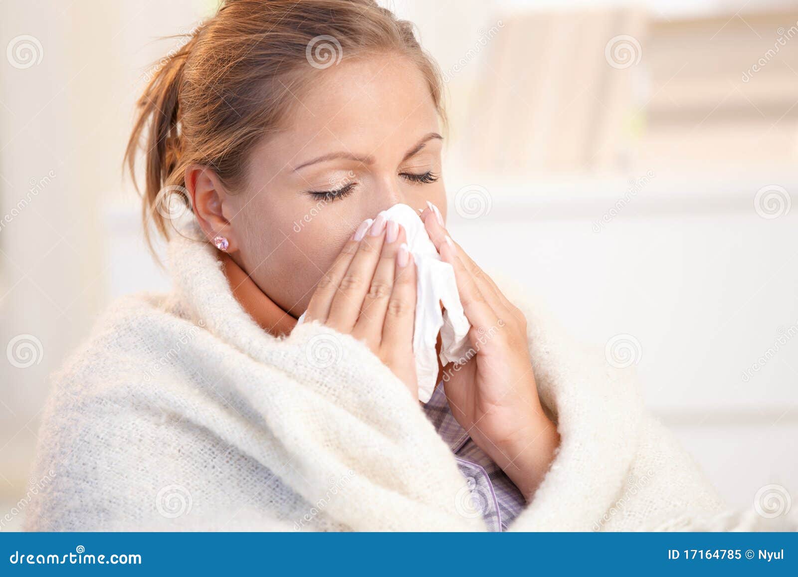 Young Woman Having Flu Blowing Her Nose Stock Image - Image of cold ...