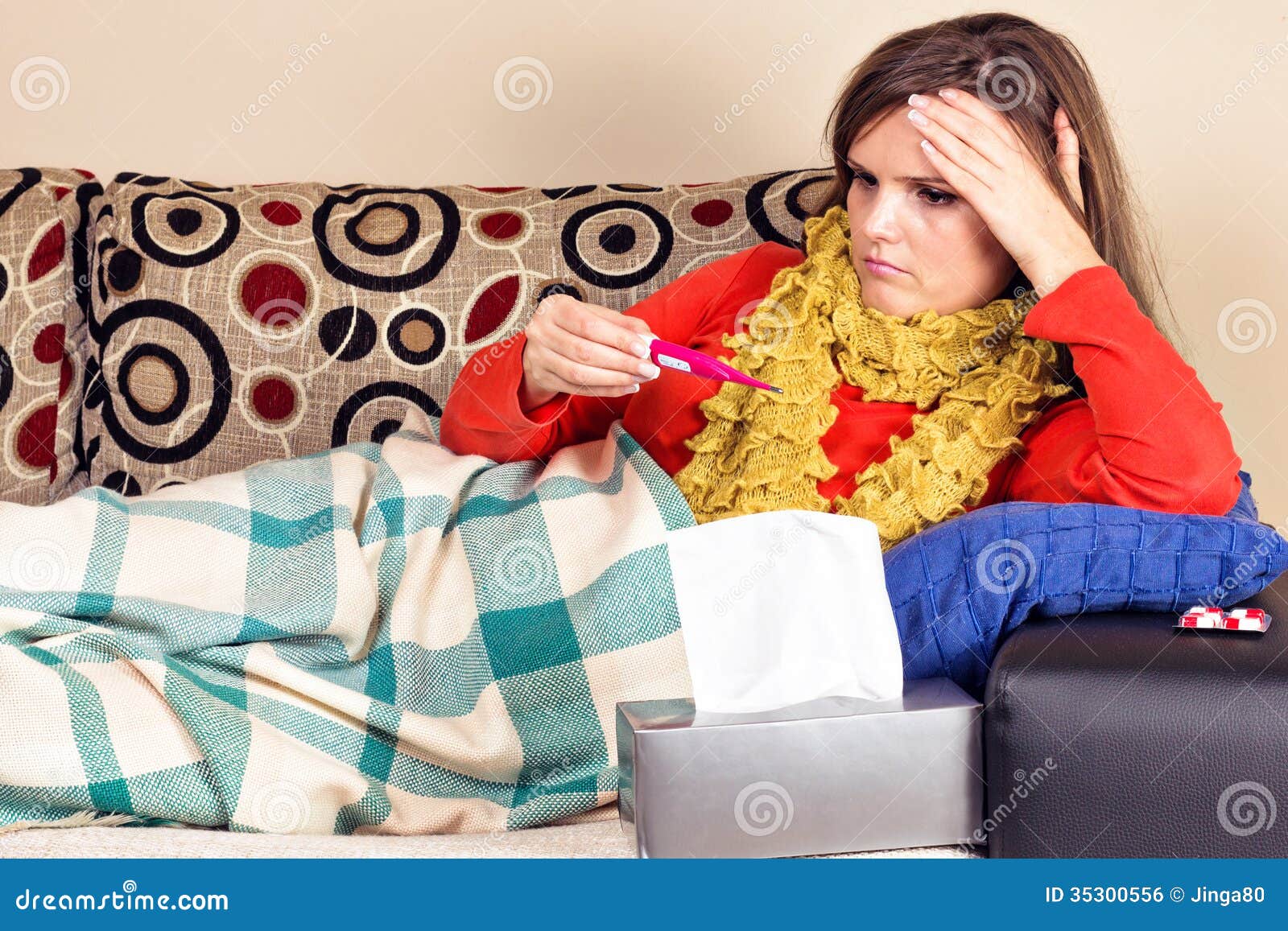 Young Woman Having Flu and Taking Her Temperature Stock Photo - Image ...