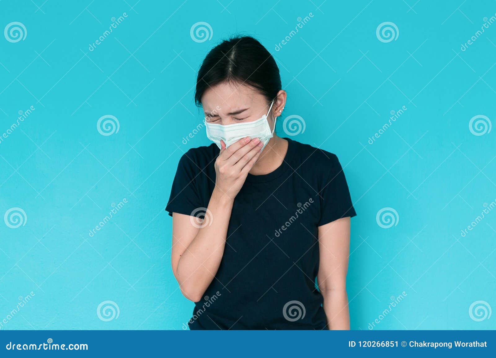 Young Woman Having Headache on Blue Background. Stock Image - Image of ...