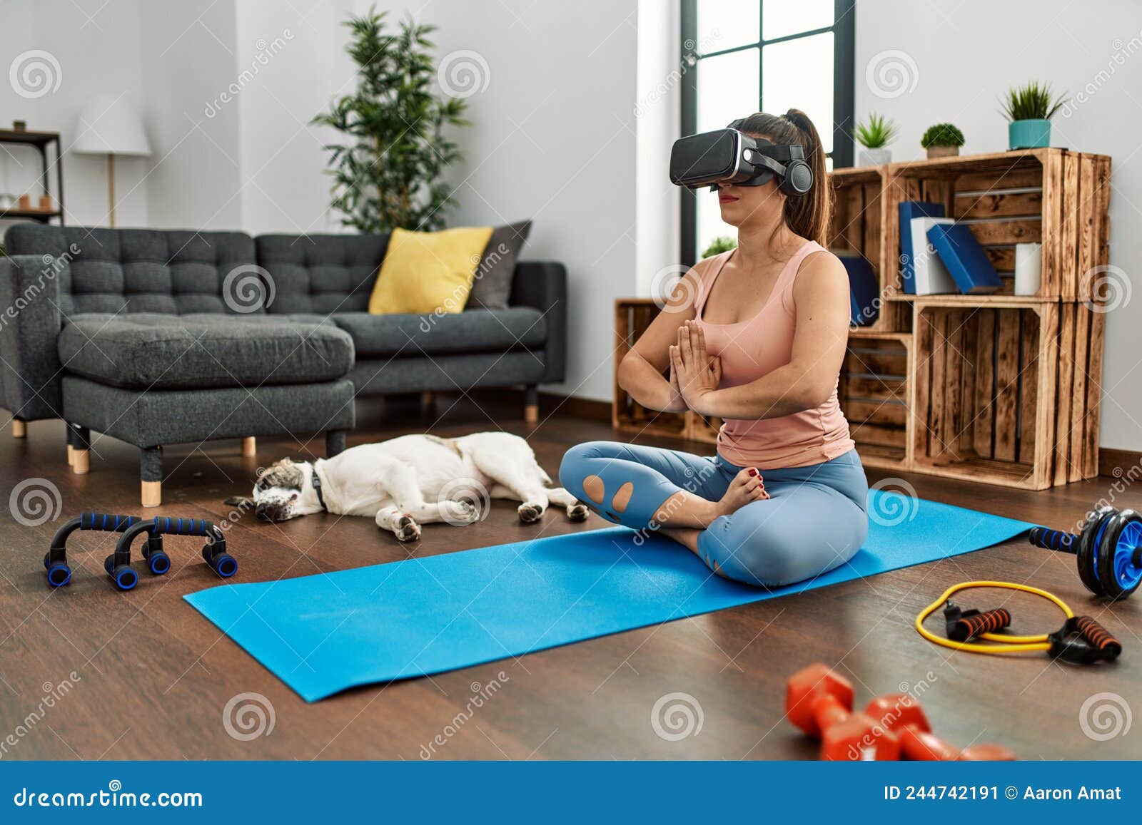 Young Woman Having Online Yoga Class Using Vr Goggles at Home Stock ...