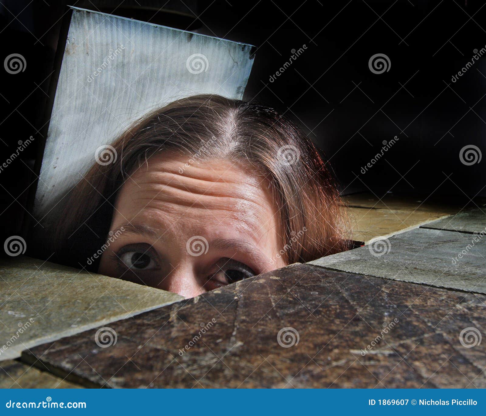 Young Woman, Head through Table Stock Image - Image of afraid, unusual ...