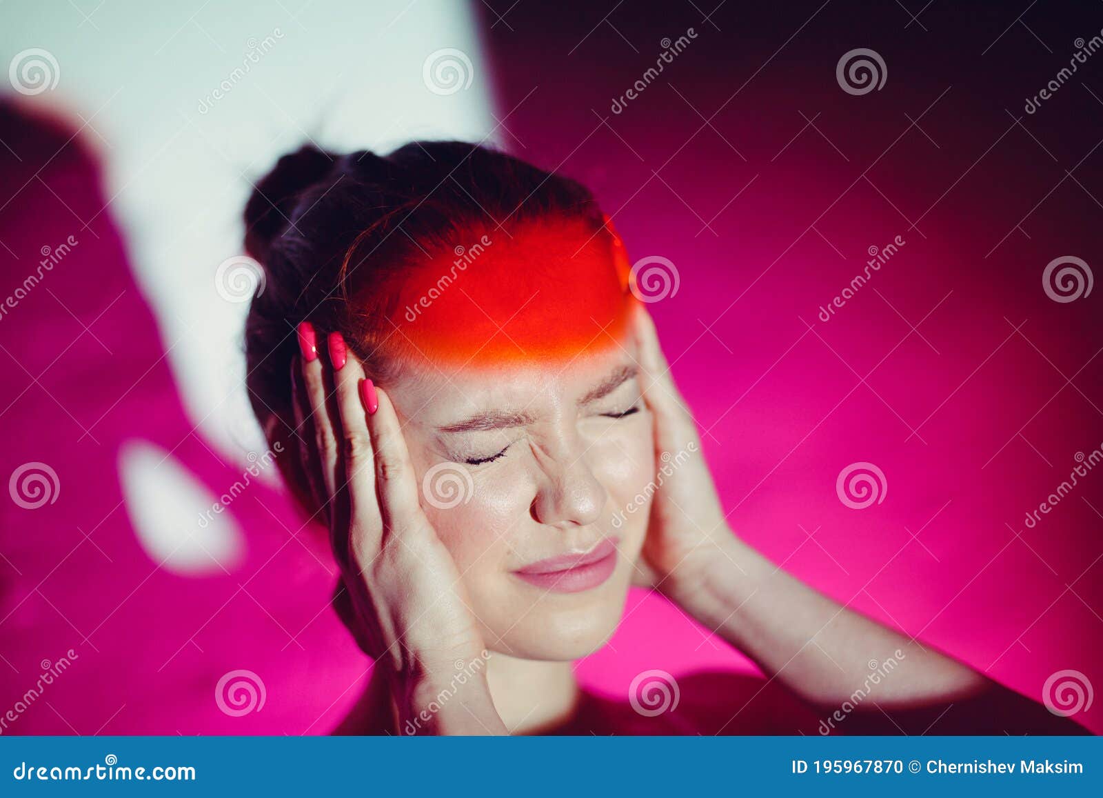 Young Woman with Headache and Red Color Forehead Stock Photo - Image of ...