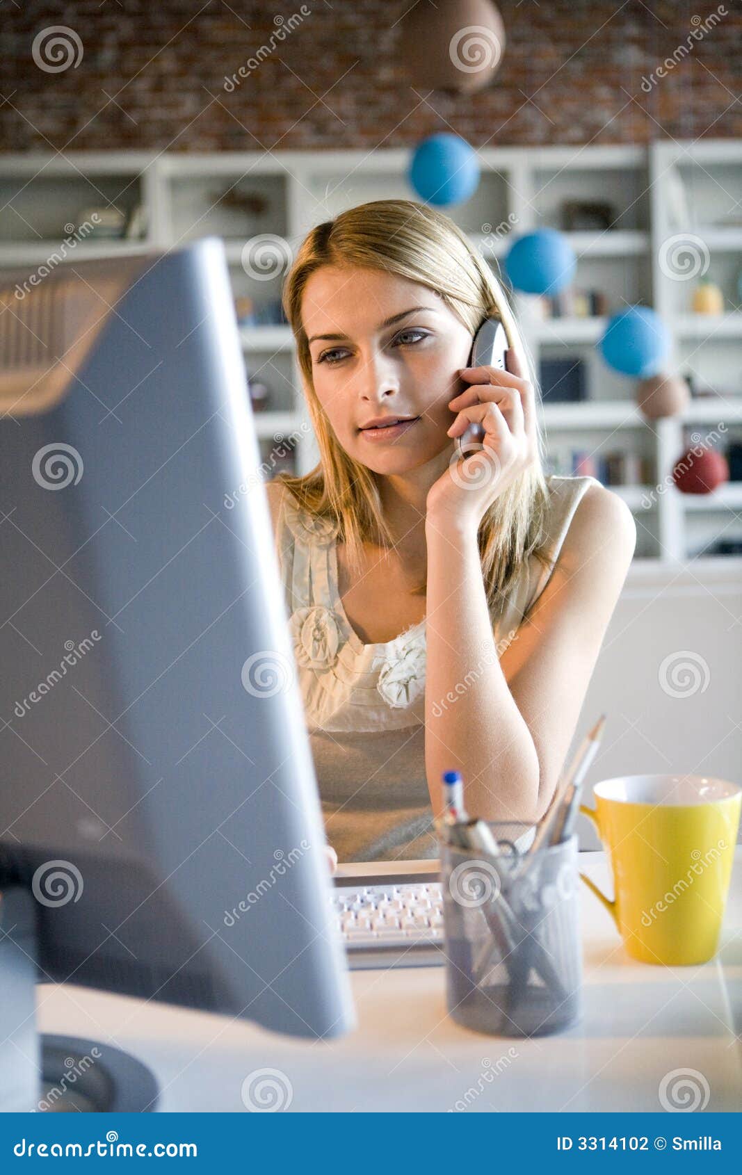 A Young Woman at Her Computer Stock Photo - Image of happiness, face ...