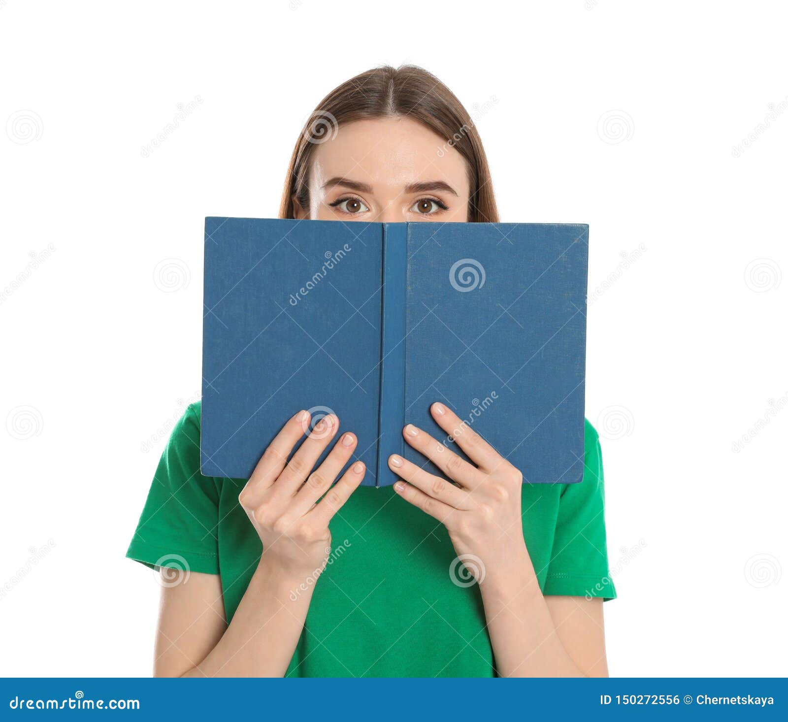 Young Woman Hiding Behind Book on White. Reading Activity Stock Photo ...