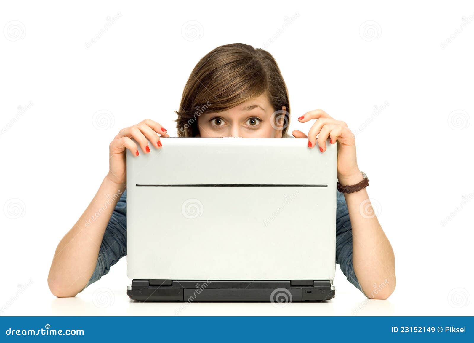 Young Woman Hiding Behind a Laptop Stock Image - Image of caucasian ...