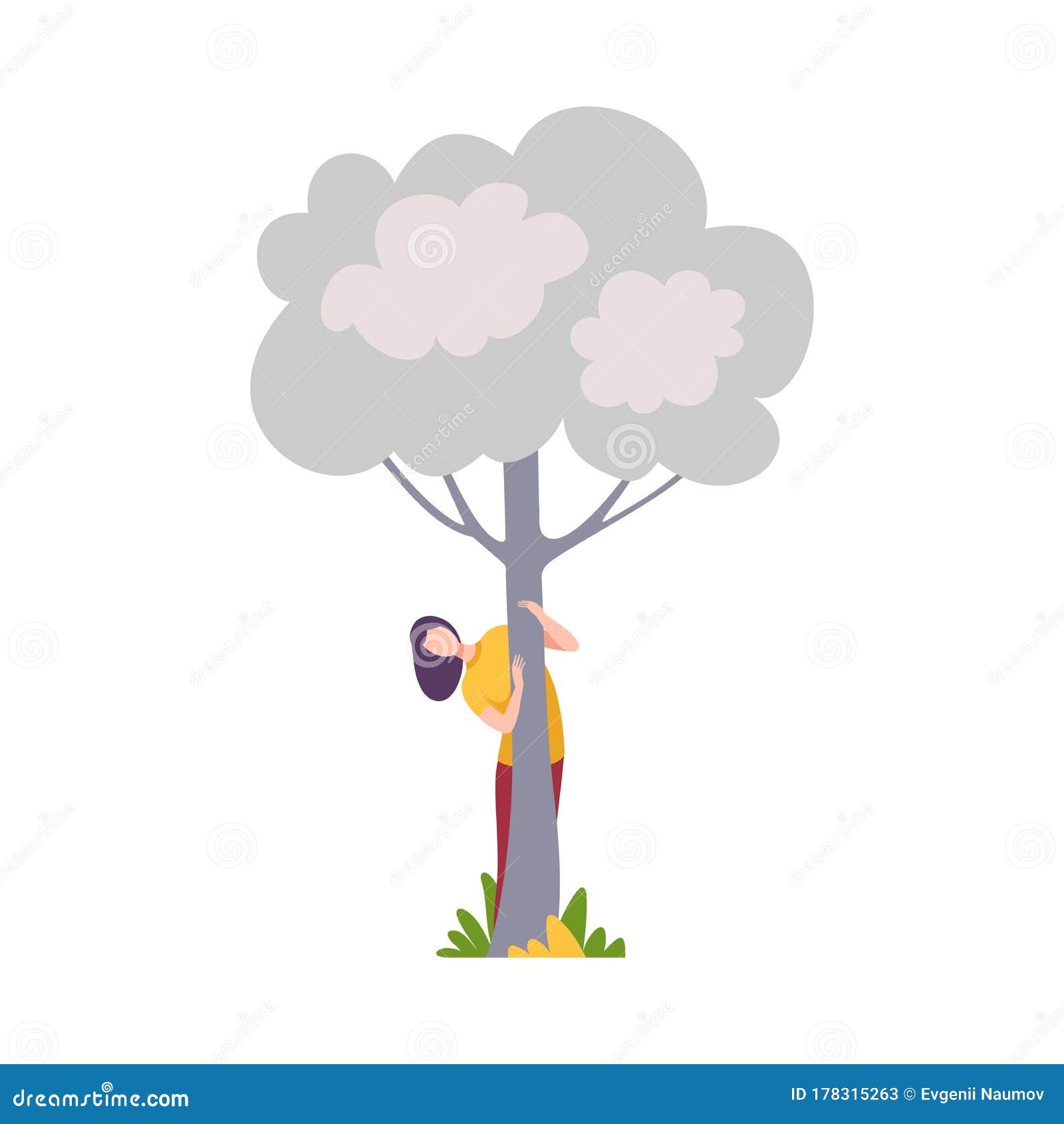 Young Woman Hiding and Peeking Behind White Tree Vector Illustration ...