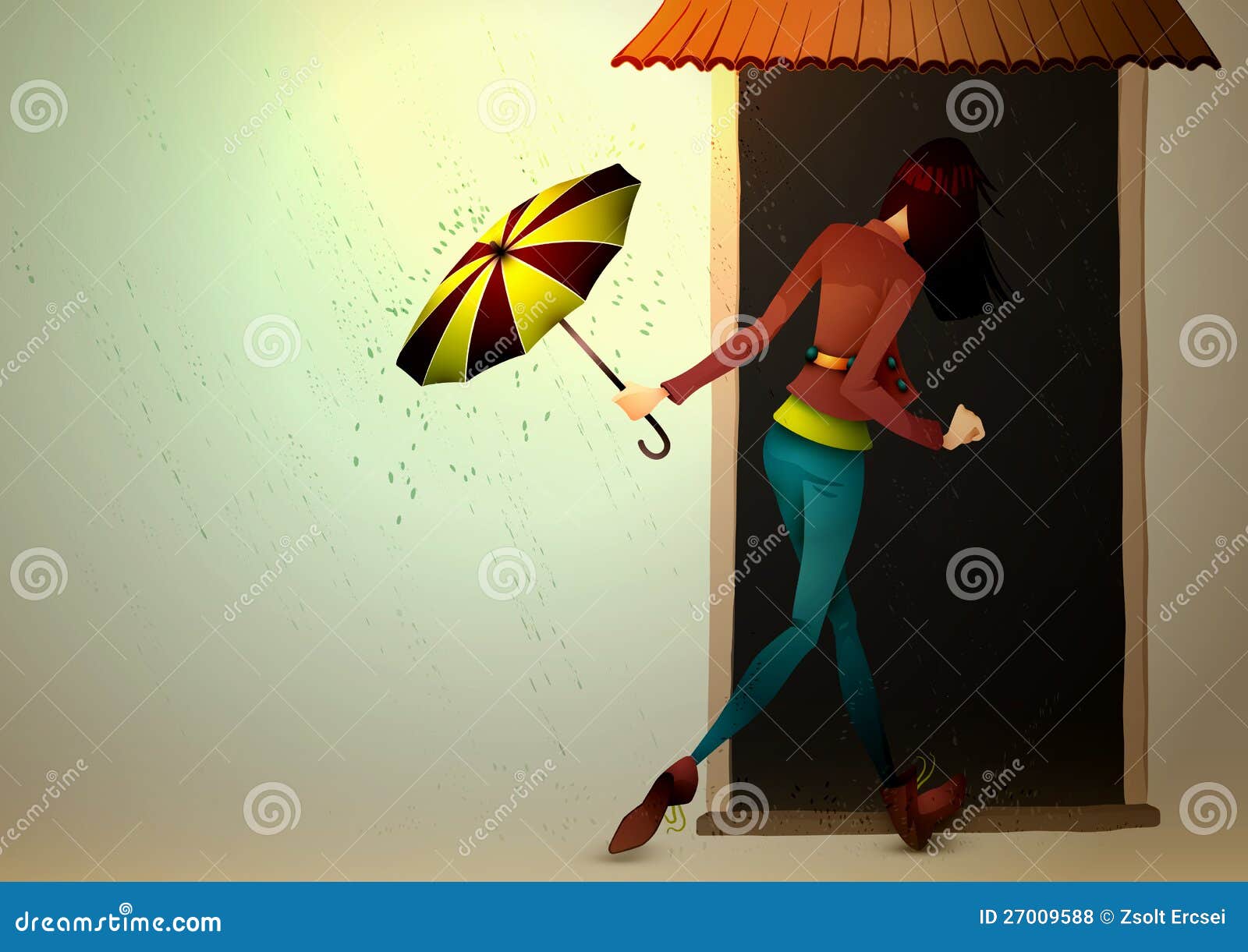 Young Woman Hiding from Rain with Umbrella Stock Vector - Illustration ...