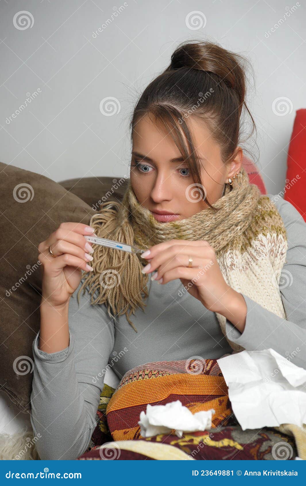 The Young Woman with High Temperature is Ill Stock Image - Image of ...