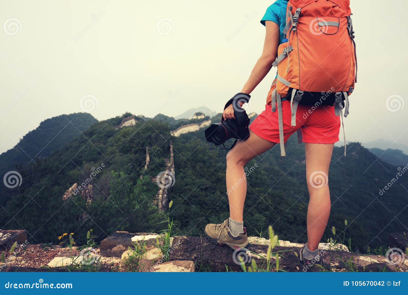 Woman Hiker with Camera on Great Wall Stock Photo - Image of female ...
