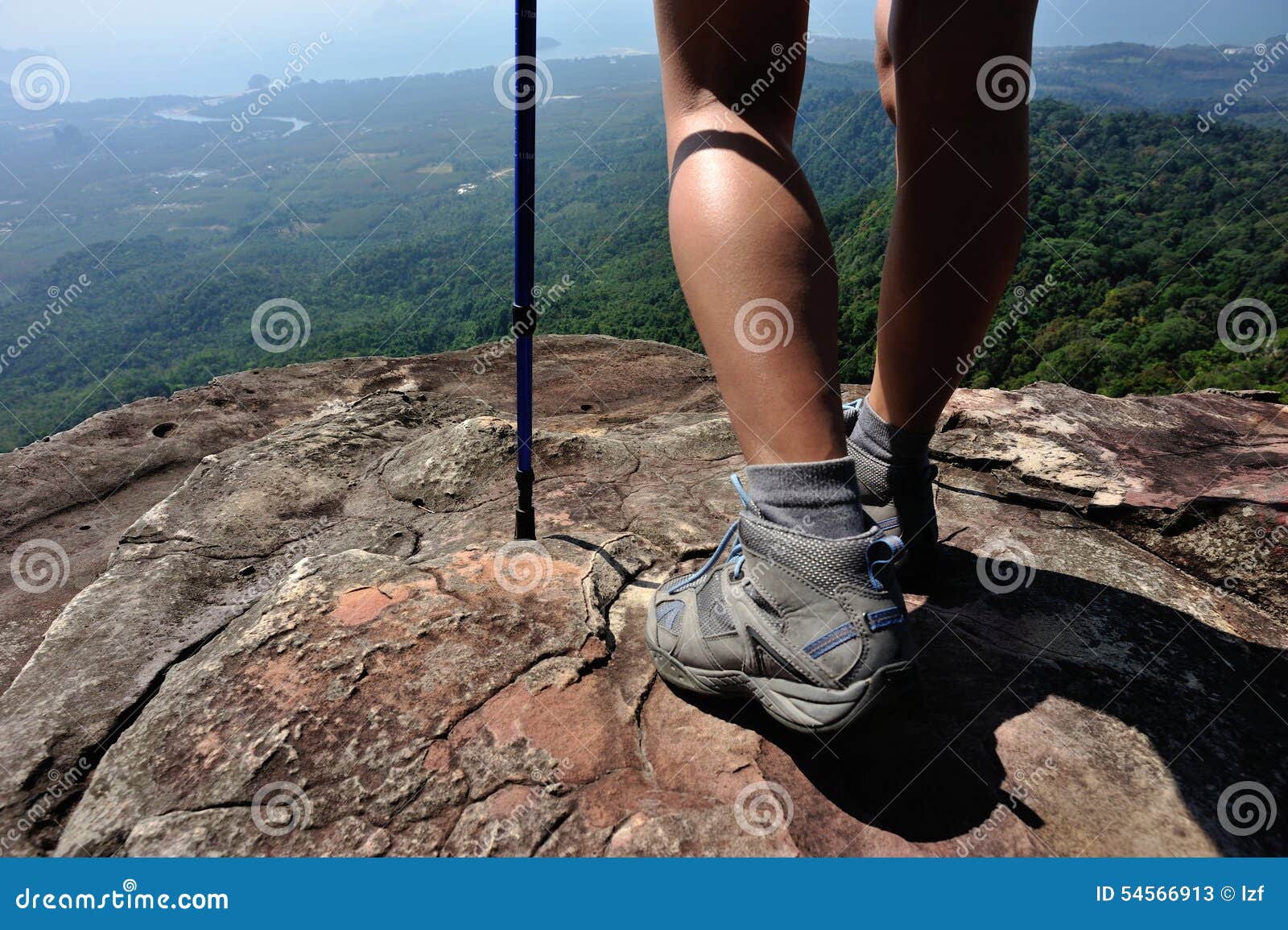 Young Woman Hiker Legs on Mountain Peak Stock Image - Image of boot ...