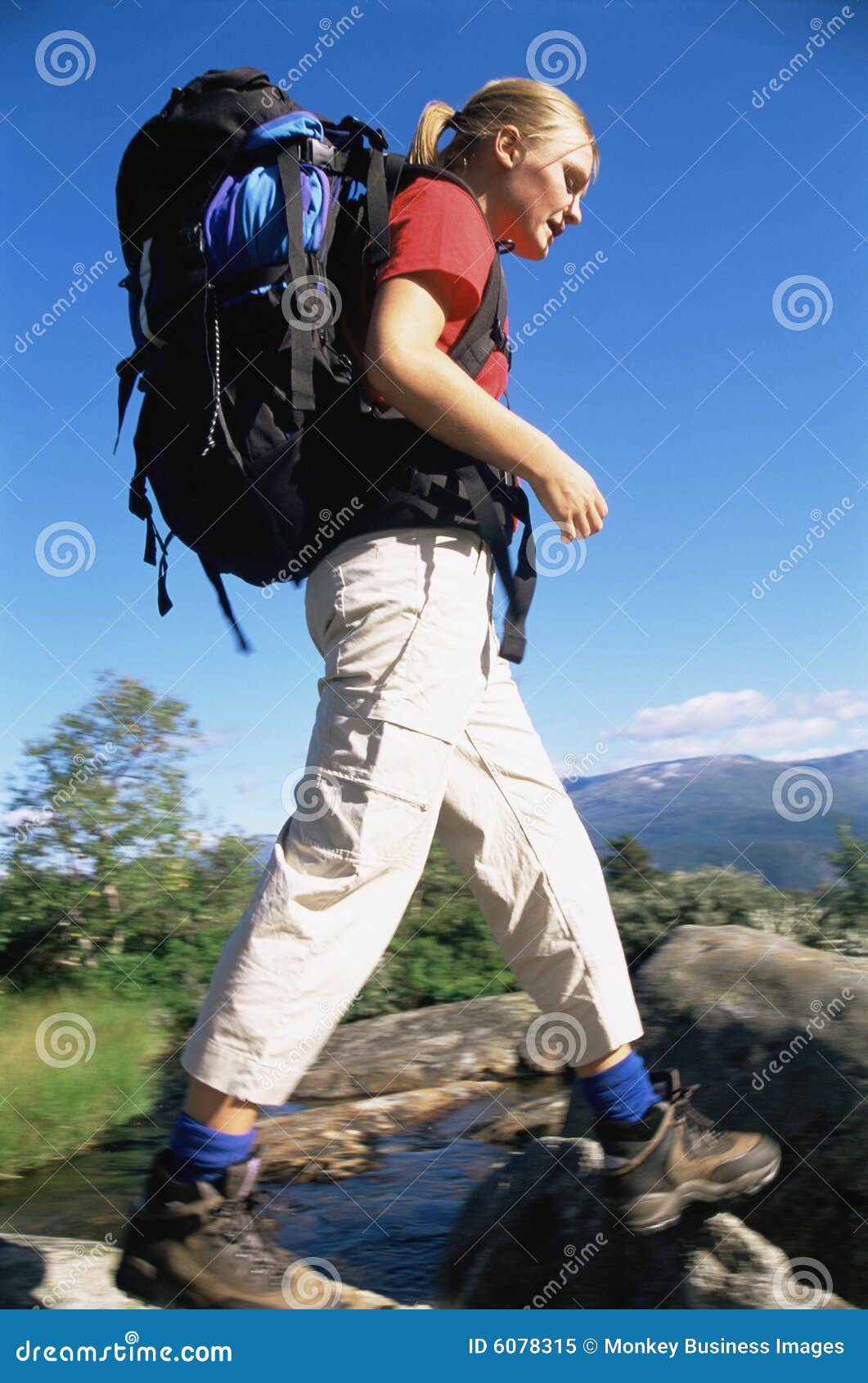 Young Woman Hiking Across a River Stock Image - Image of outside ...