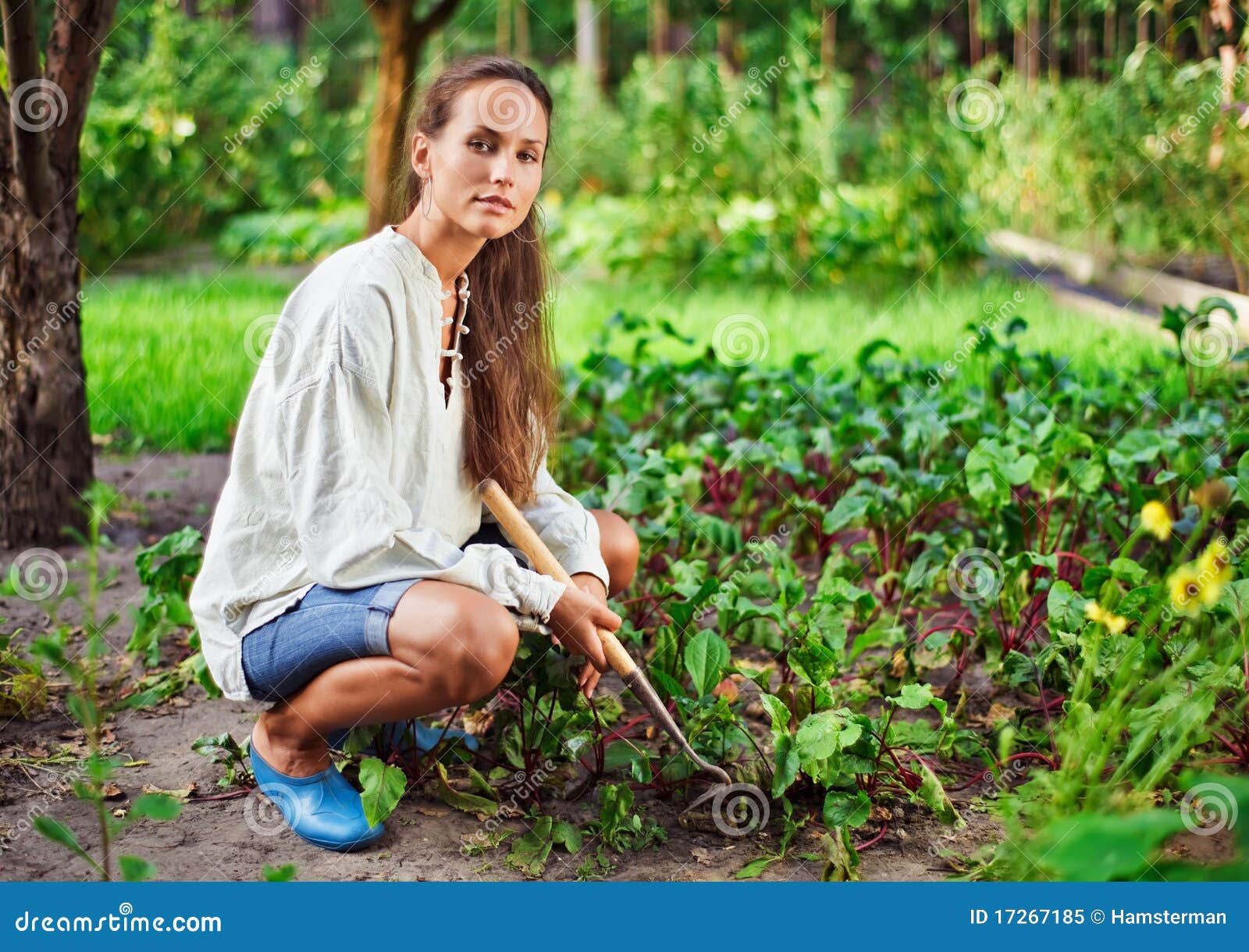 Young Woman with Hoe Working in the Garden Bed Stock Image - Image of ...