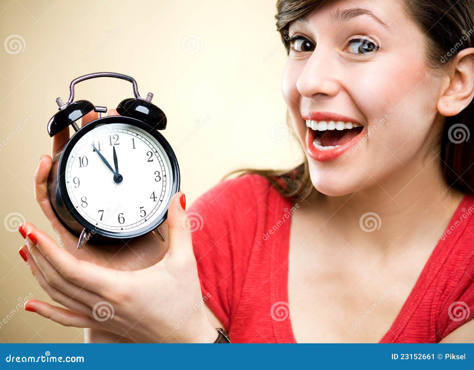 Young Woman Holding Alarm Clock Stock Image - Image of female, cheerful ...