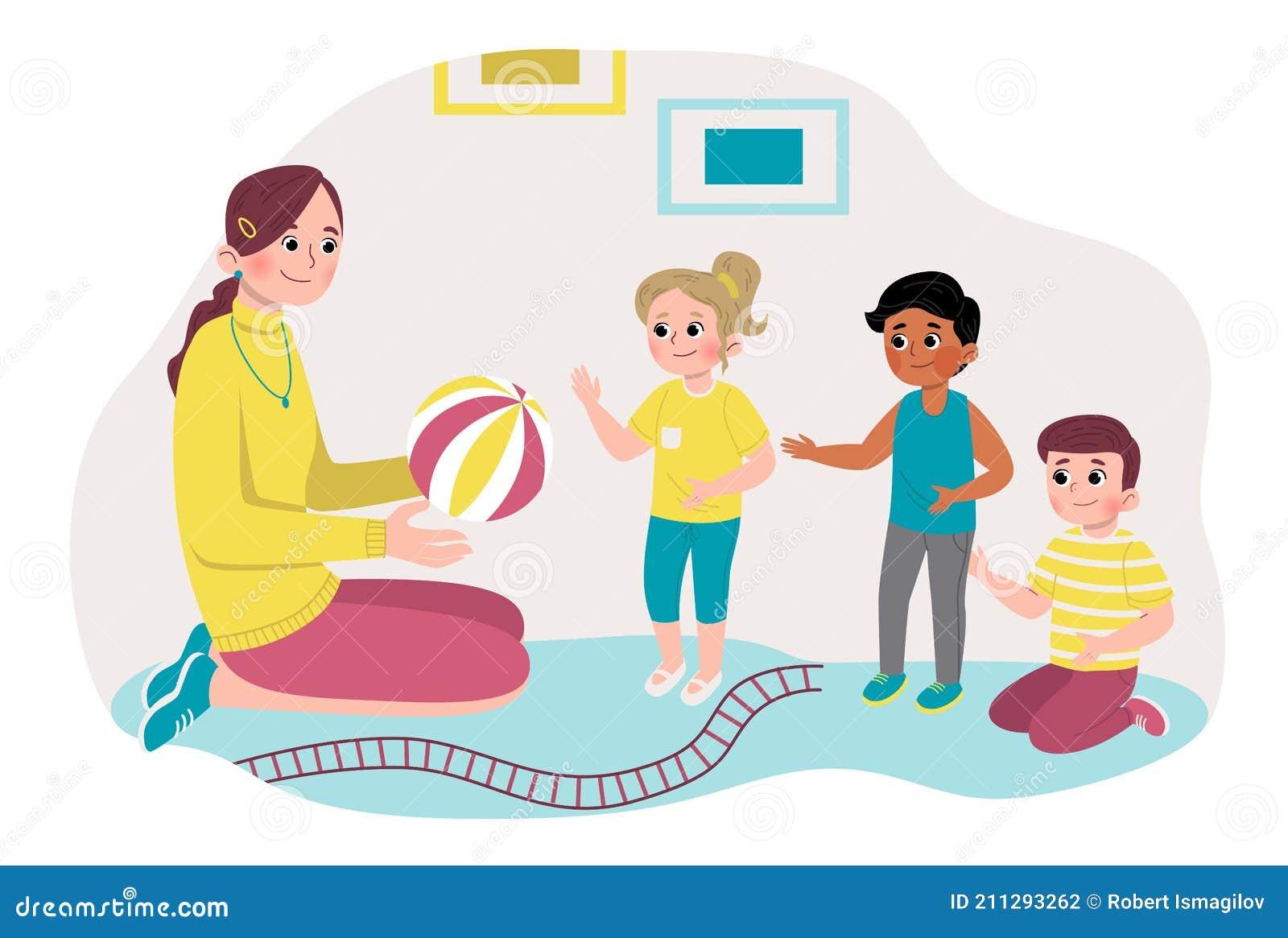 Smiling Kindergarten Teacher Shows Globe To Children Sitting In Circle ... Smiling Kindergarten Teacher Shows Globe To Children Sitting In Circle ...