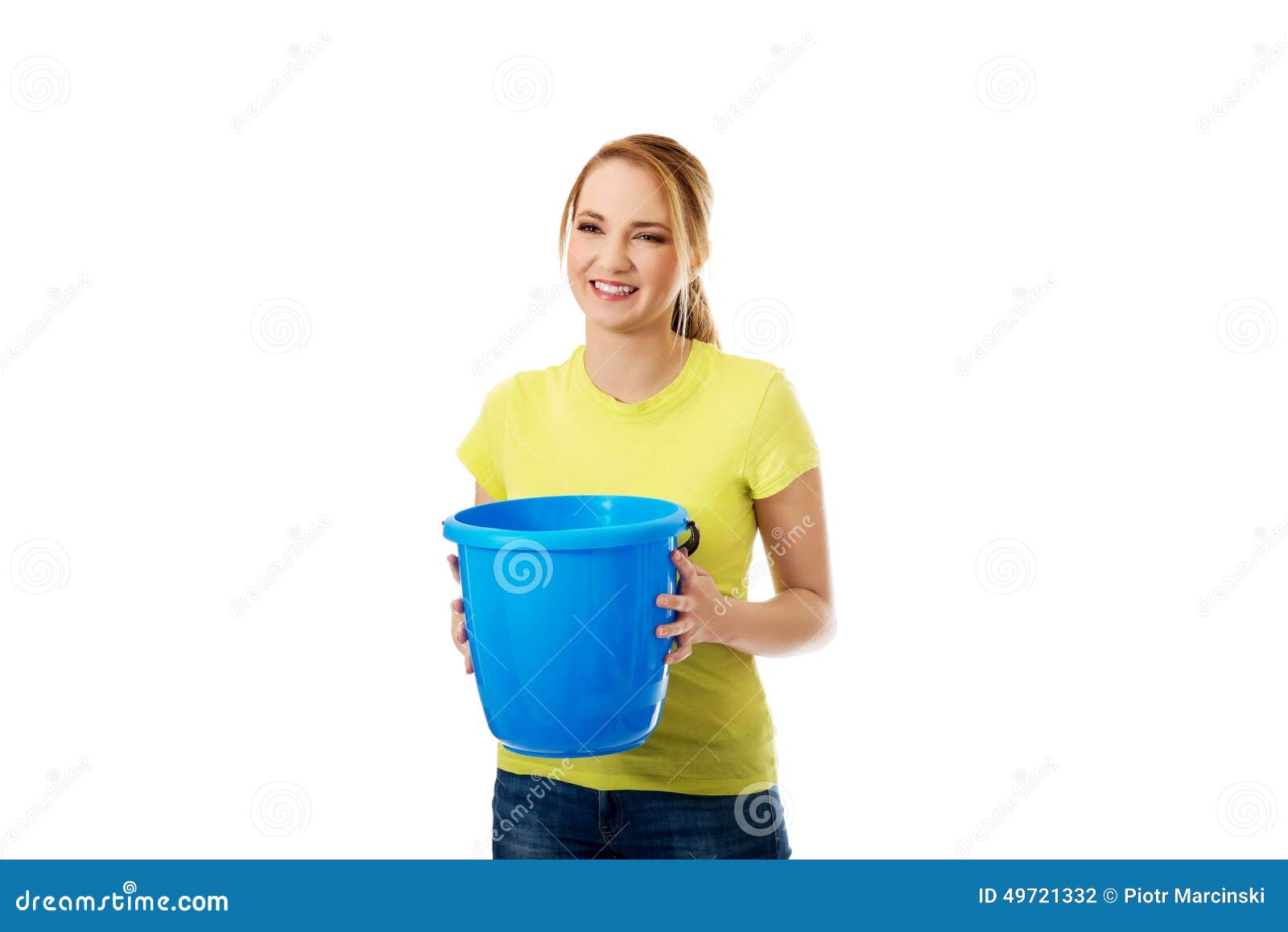Young Woman Holding Blue Bucket. Stock Photo - Image of environmental ...