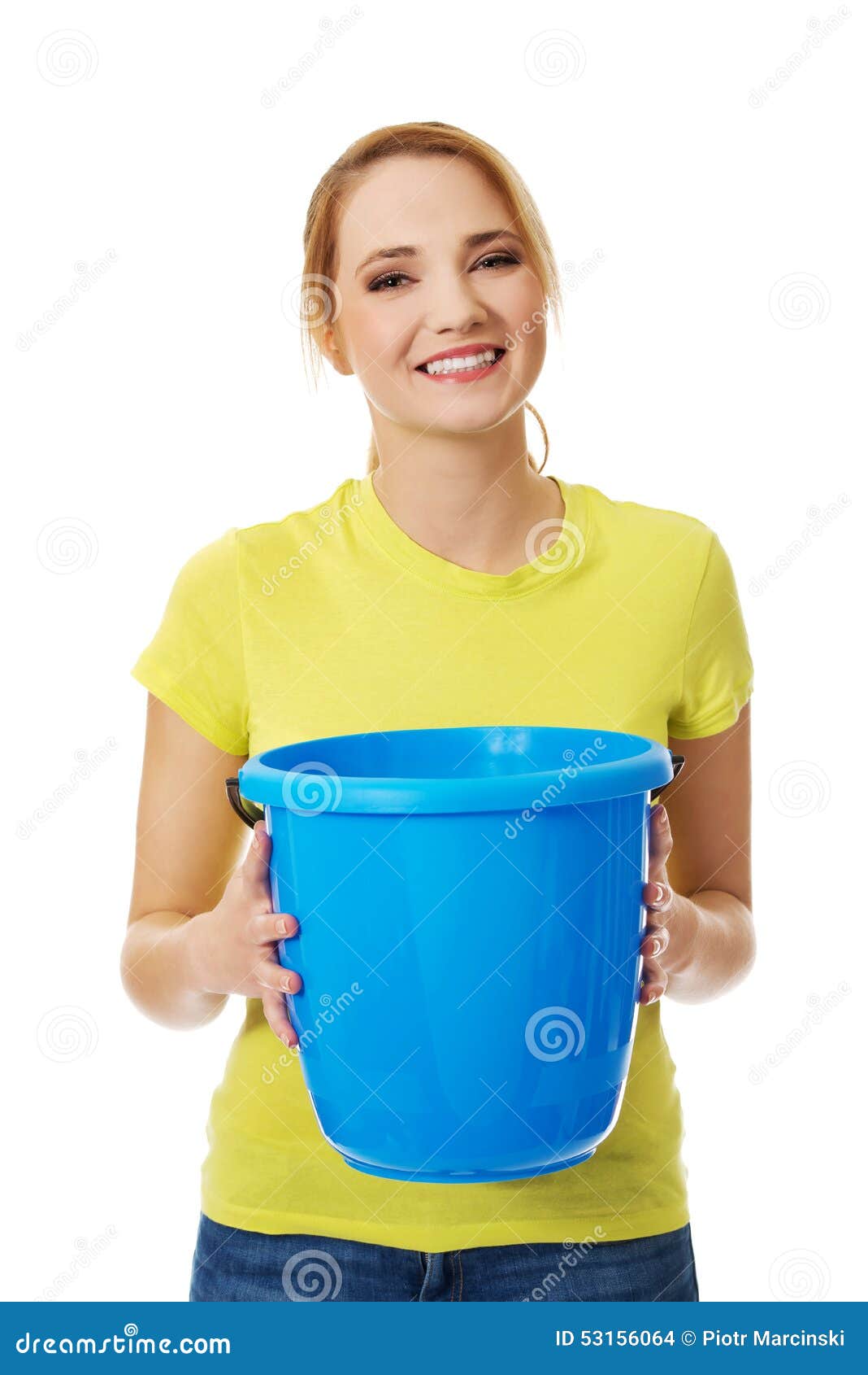 Young Woman Holding Blue Bucket. Stock Photo - Image of responsibility ...