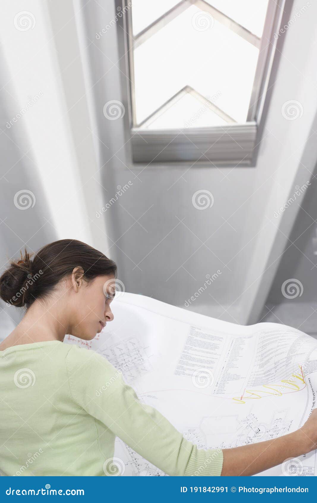 Young Woman Holding Blueprint Back View Stock Image - Image of colour ...