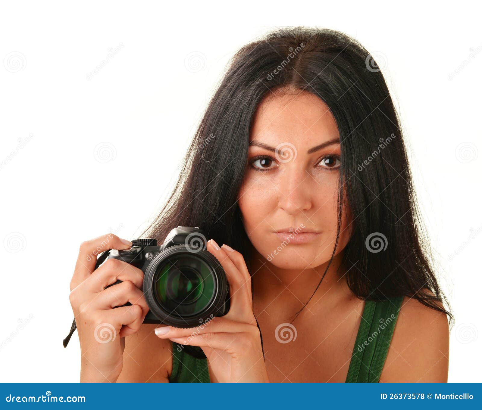 Young Woman Holding Camera Isolated on White Stock Photo - Image of ...
