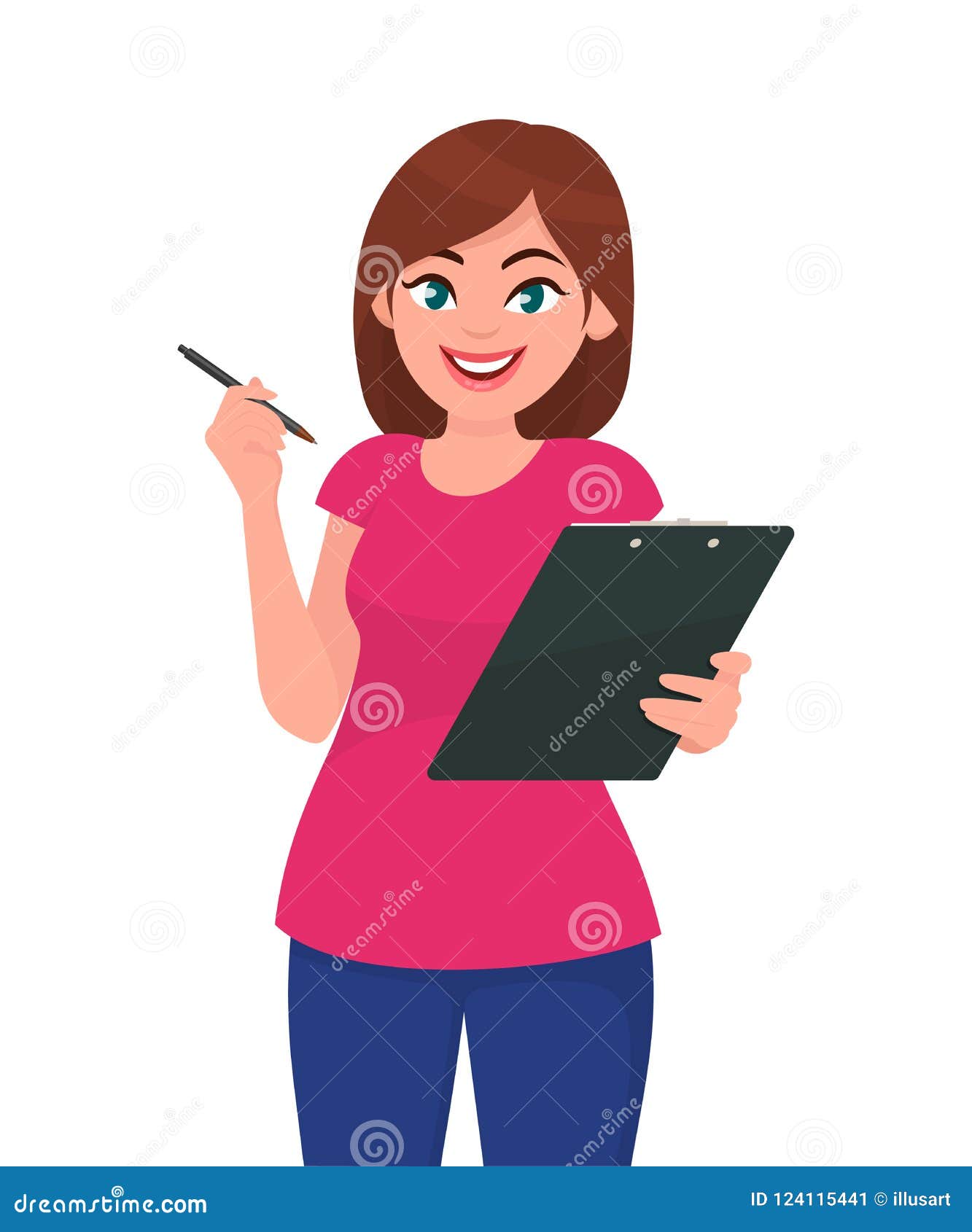 Young Woman Holding Clipboard and Showing Pen. Girl Holding a Report or ... Young Woman Holding Clipboard and Showing Pen. Girl Holding a Report or ...