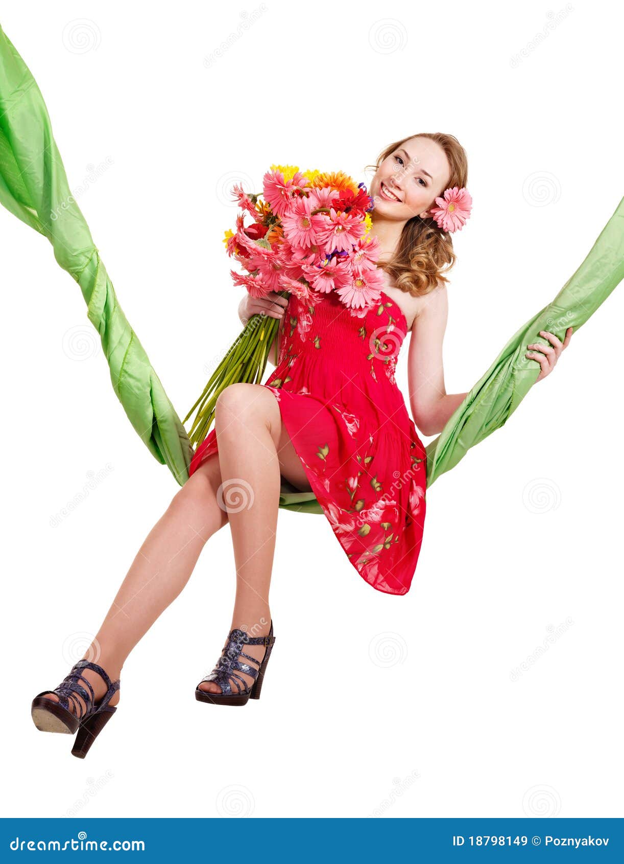 Young Woman Holding Flowers on Swing. Stock Image - Image of gerbera ...