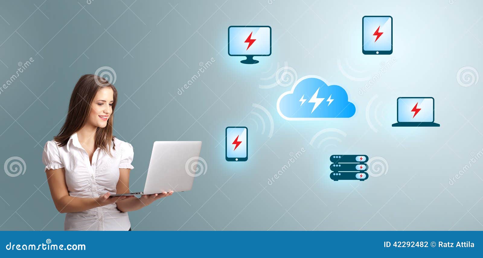 Young Woman Holding a Laptop and Presenting Cloud Computing Network ...