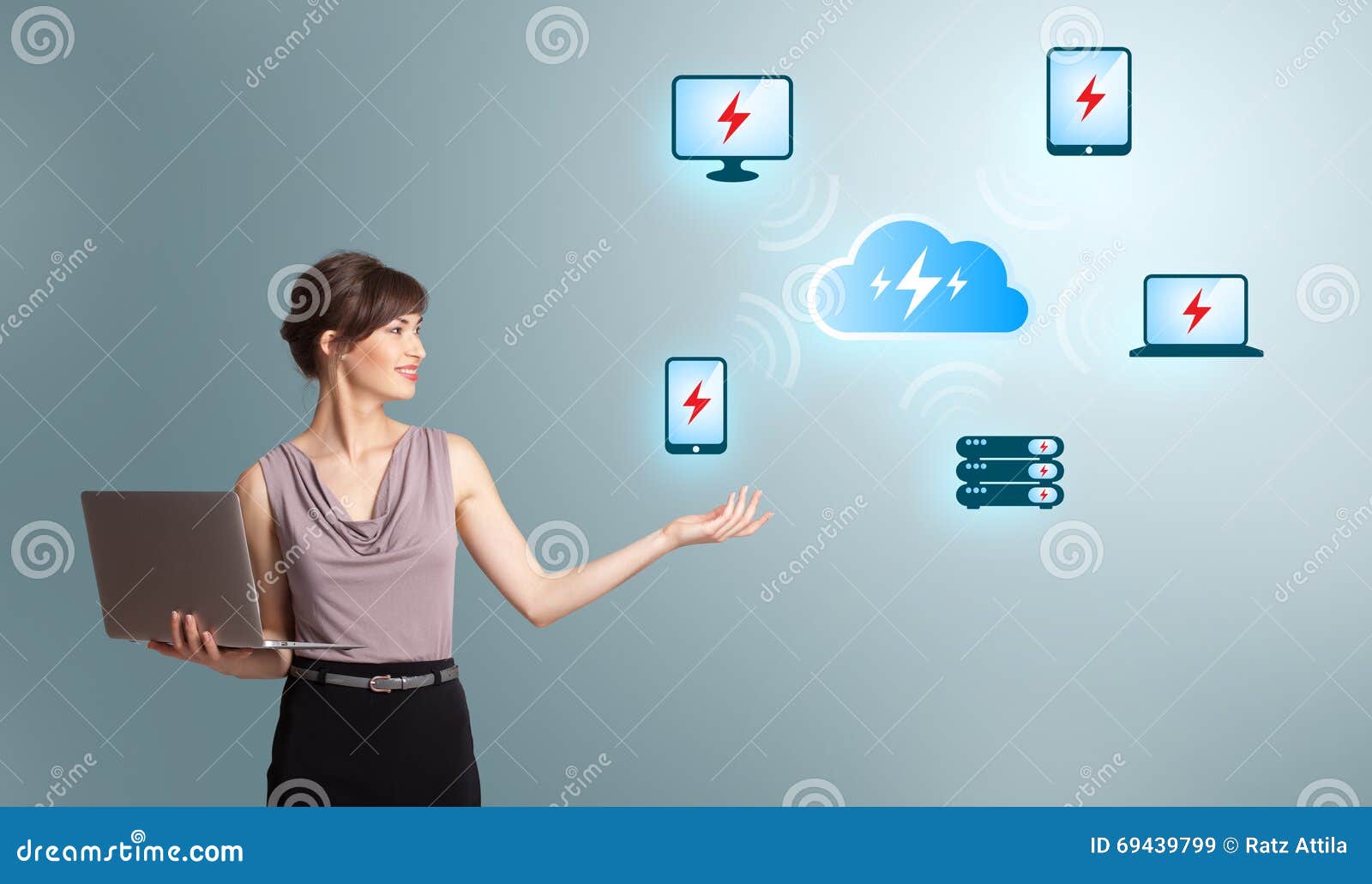 Young Woman Holding a Laptop and Presenting Cloud Computing Network ...