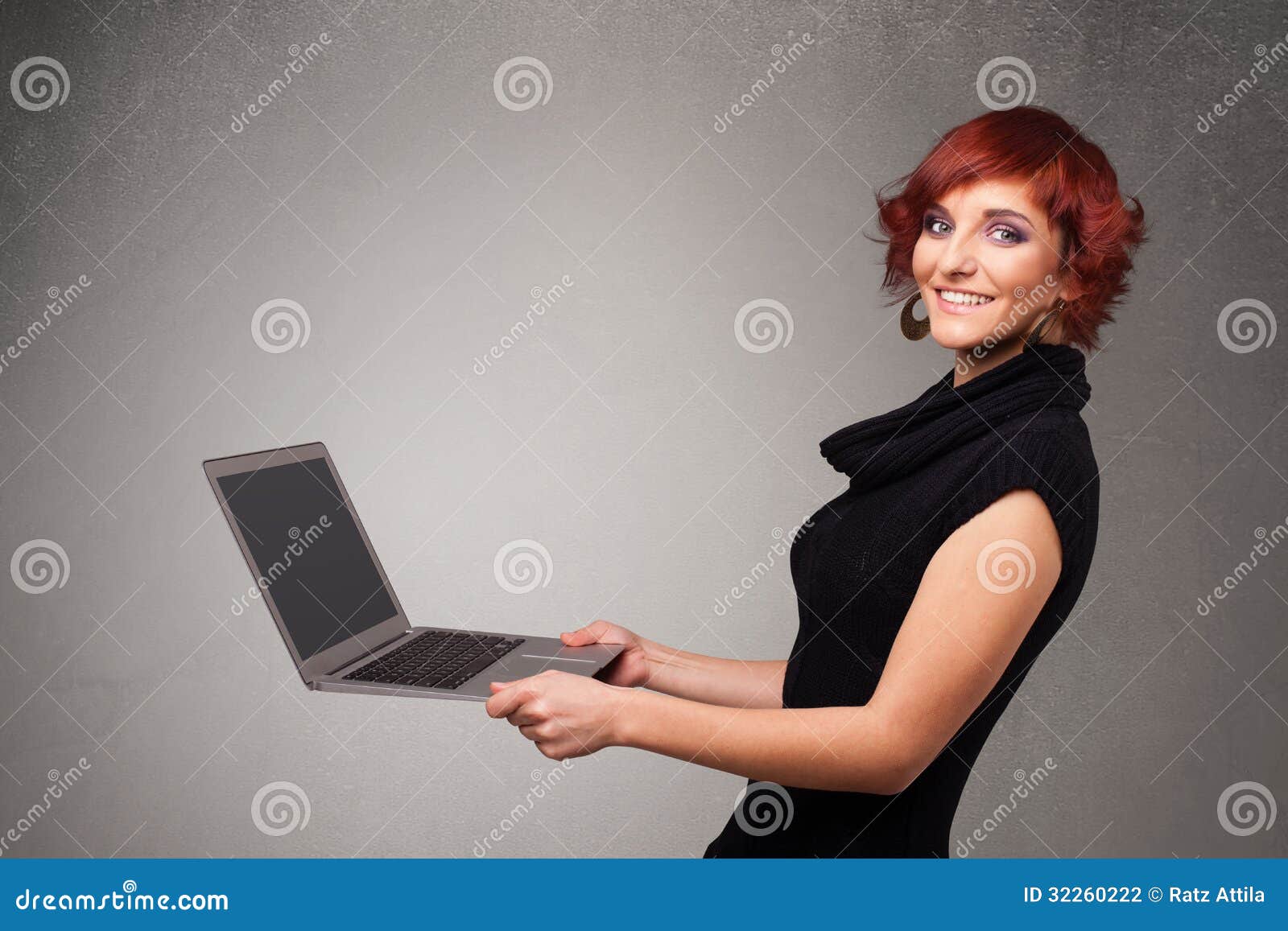Young Woman Holding Modern Laptot Stock Photo - Image of screen ...