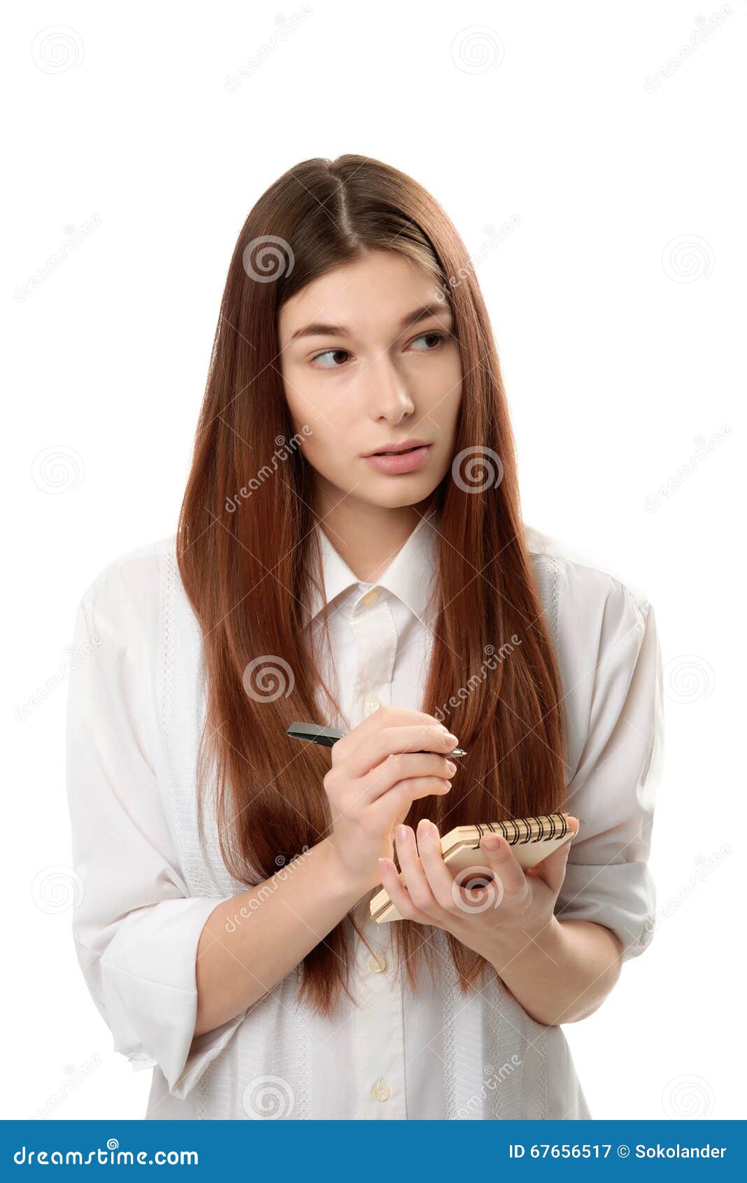 Young Woman Holding a Notepad and Pen Stock Image - Image of chestnut ...