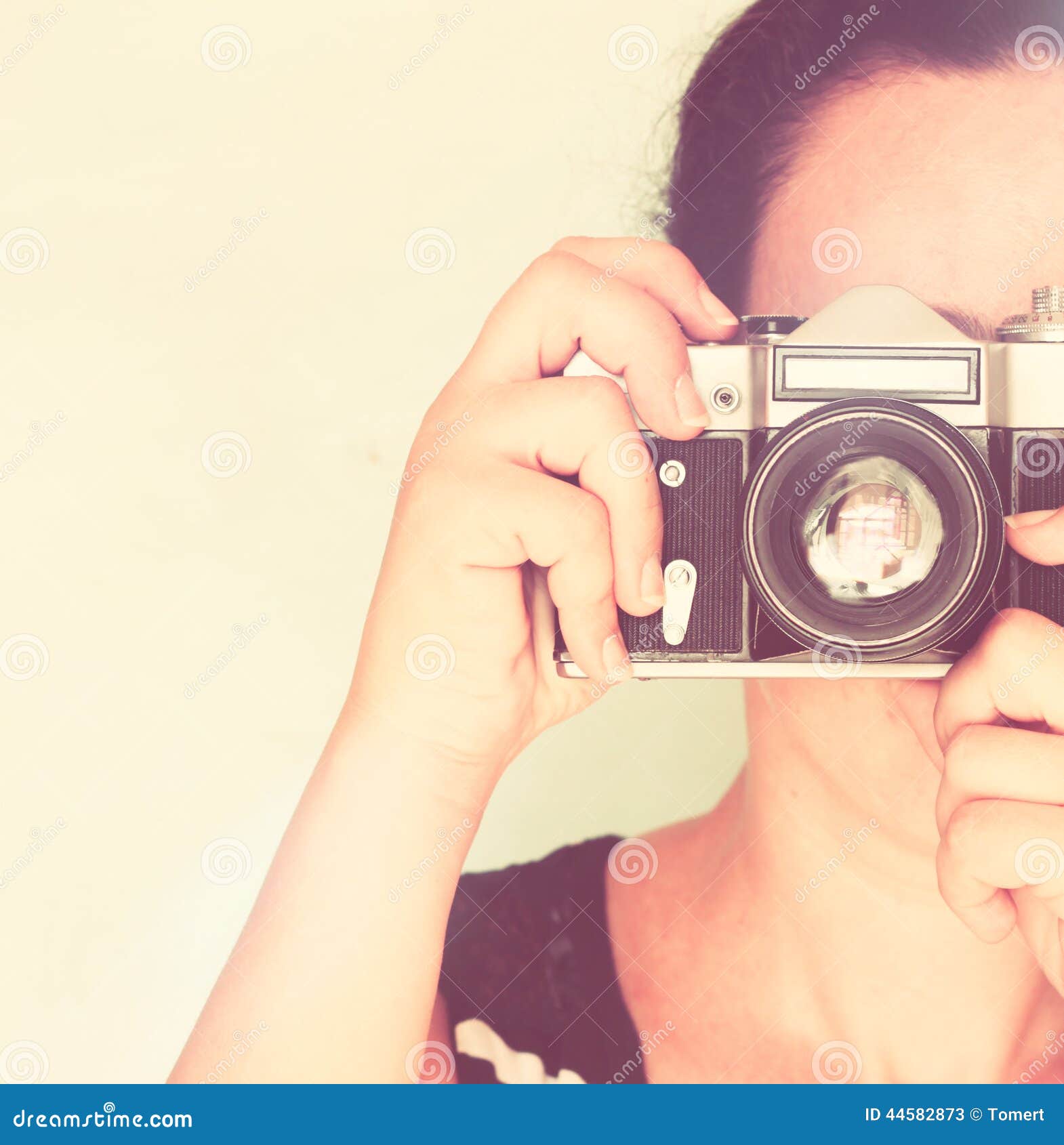 Young Woman Holding Old Camera. Vintage Effect. Stock Image - Image of ...