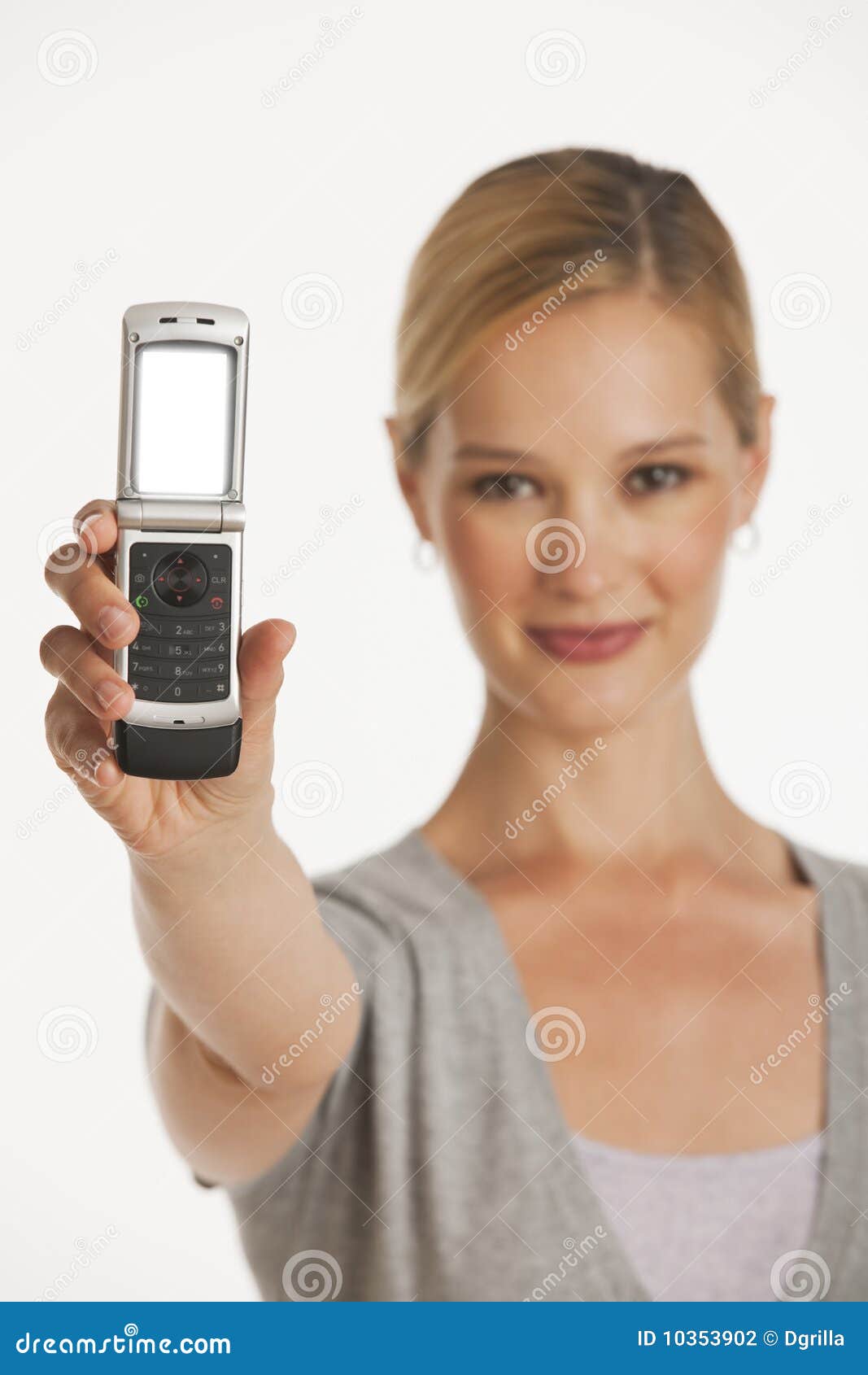 Young Woman Holding Out Cell Phone Stock Photo - Image of support ...