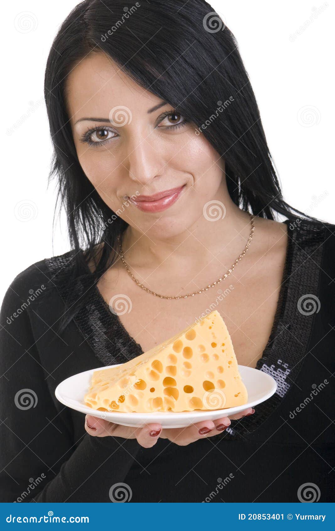 Young Woman Holding A Plate With A Slice Of Cheese Stock Image - Image ...
