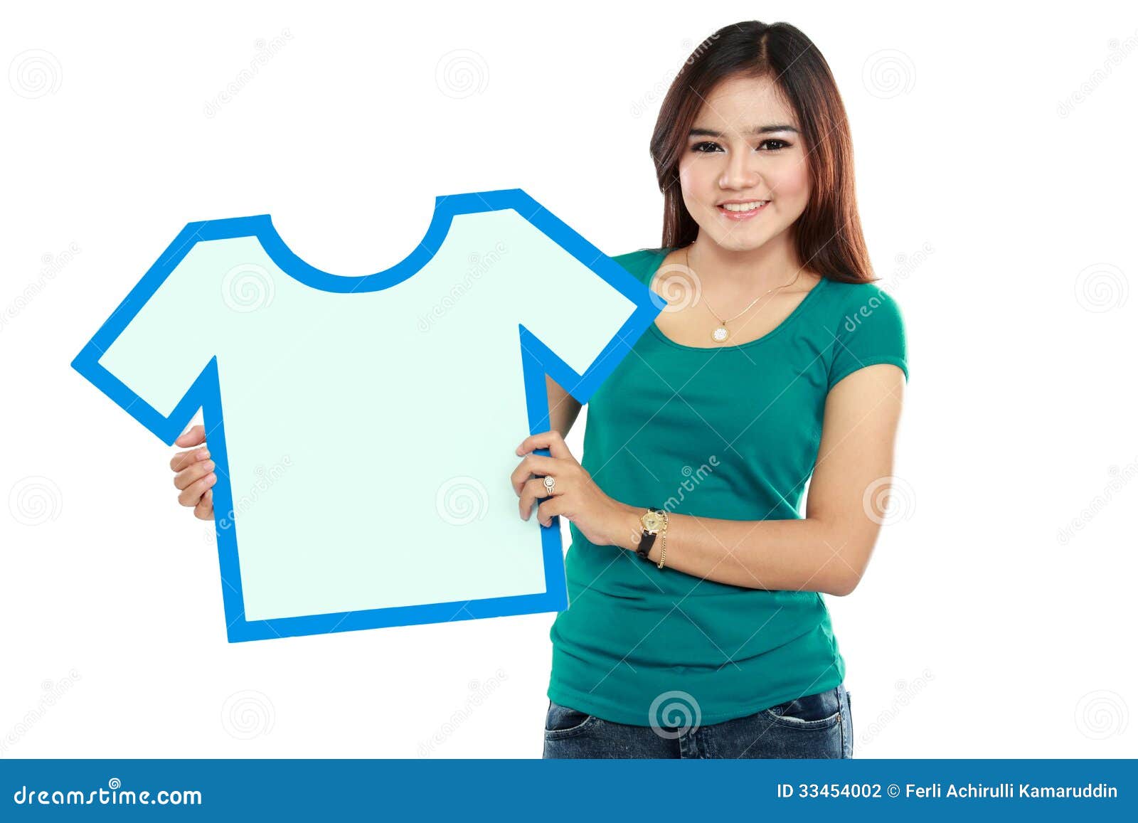 Young Woman Holding Shirt Sign Stock Photo - Image of camera, cutout ...