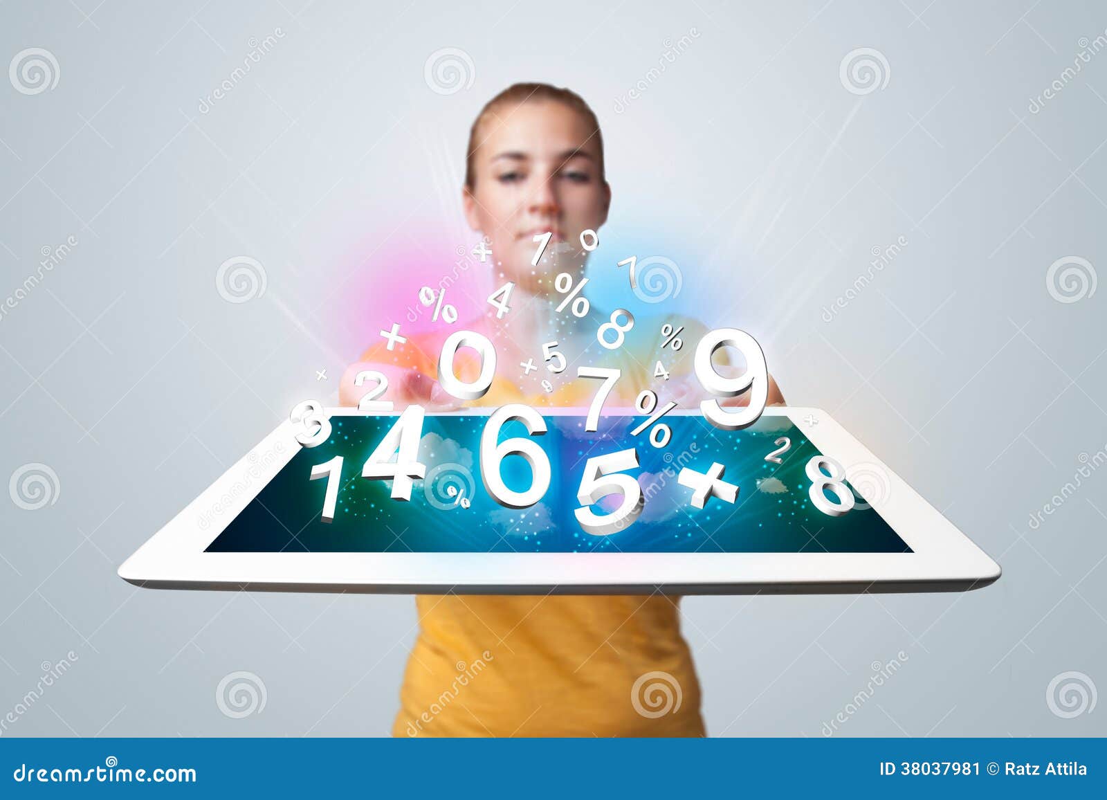 Young Woman Holding Tablet with Numbers Stock Image - Image of bright ...