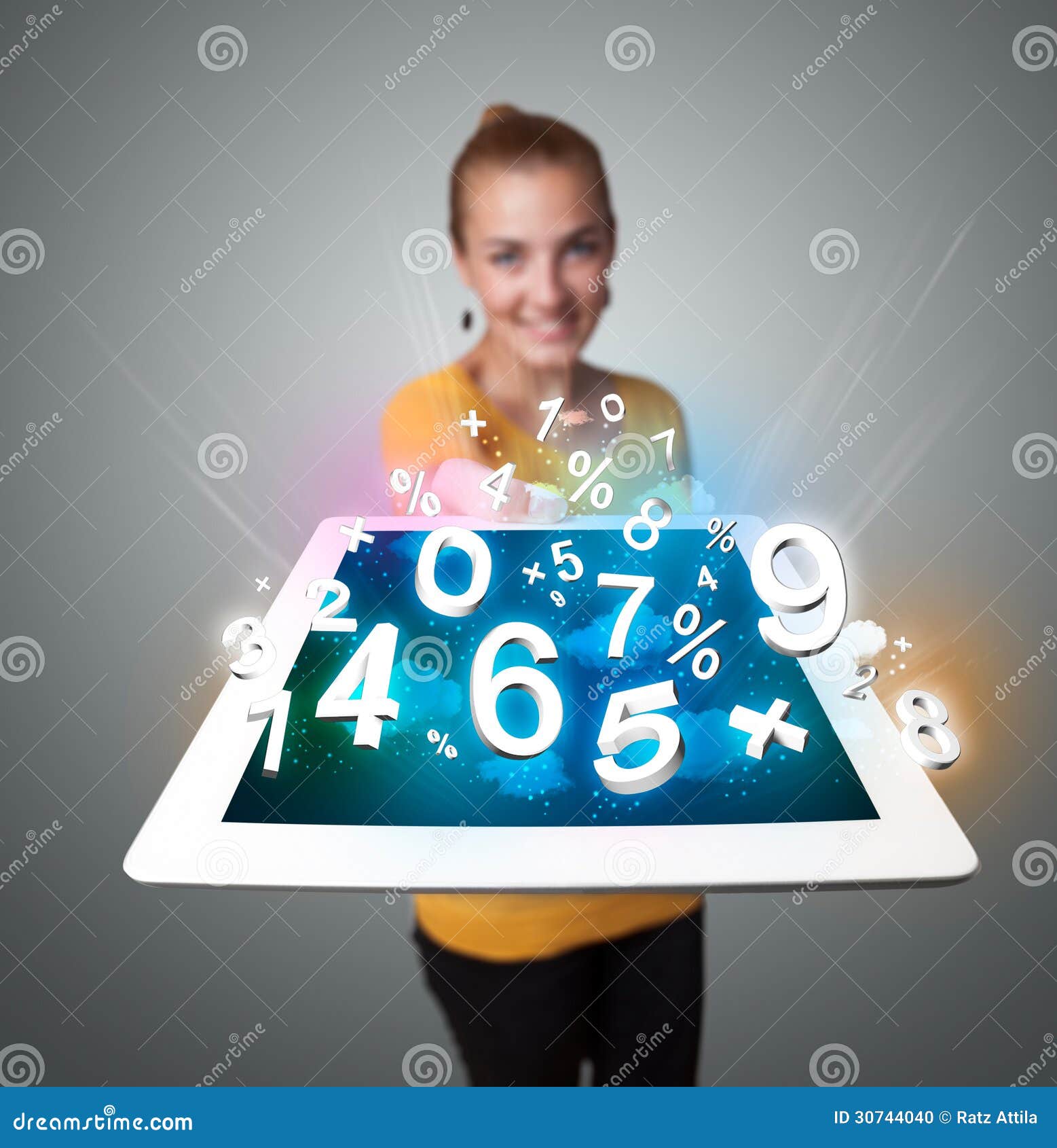 Young Woman Holding Tablet with Numbers Stock Photo - Image of smile ...