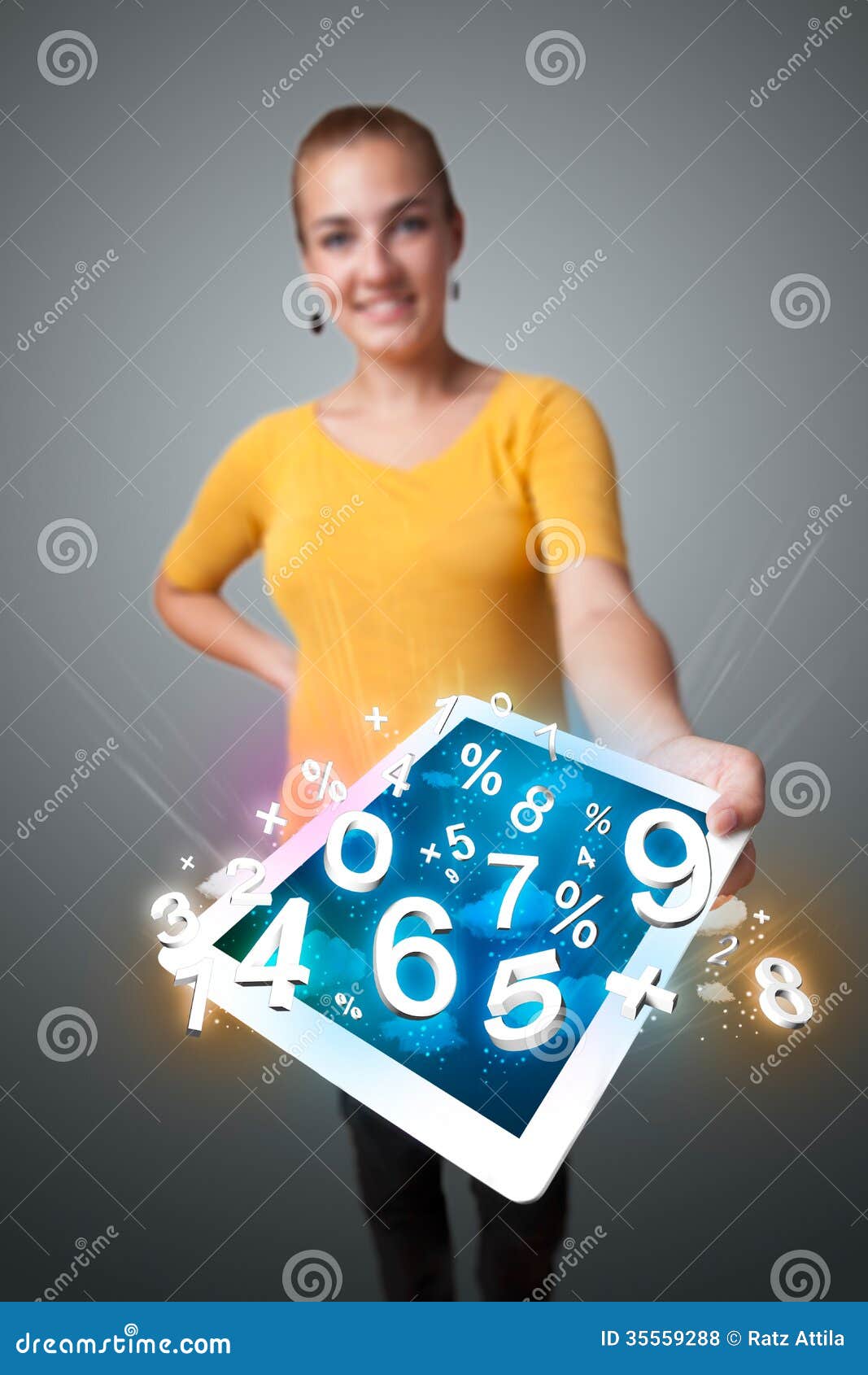 Young Woman Holding Tablet With Numbers Stock Photo - Image of shiny ...