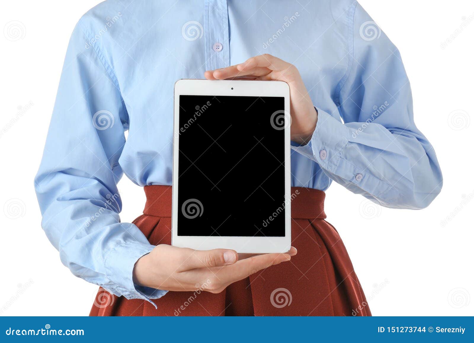 Young Woman Holding Tablet PC on White Background Stock Photo - Image ...