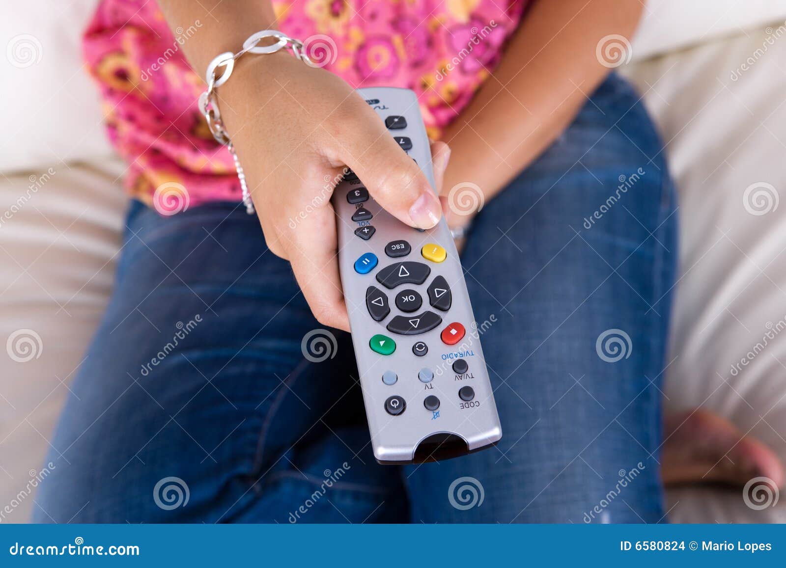 Young Woman Holding the Television Remote Control Stock Photo - Image ...