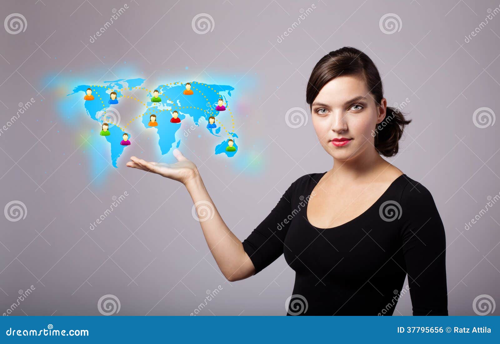 Young Woman Holding Virtual Map Stock Photo - Image of blue, palm: 37795656