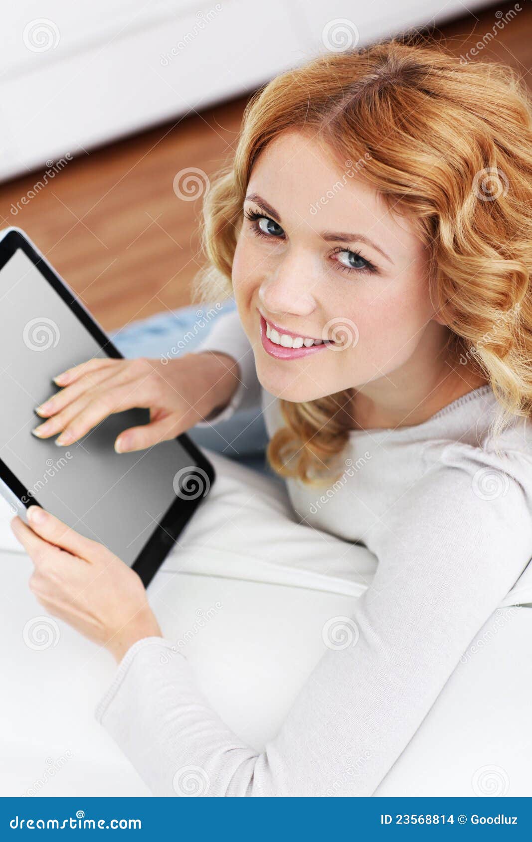 Young Woman at Home with Touchpad Stock Photo - Image of relaxed ...