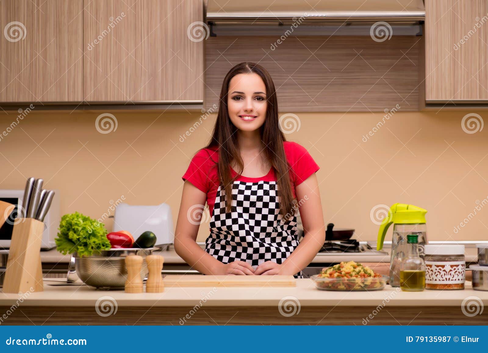 The Young Woman Housewife Working in the Kitchen Stock Image - Image of ...