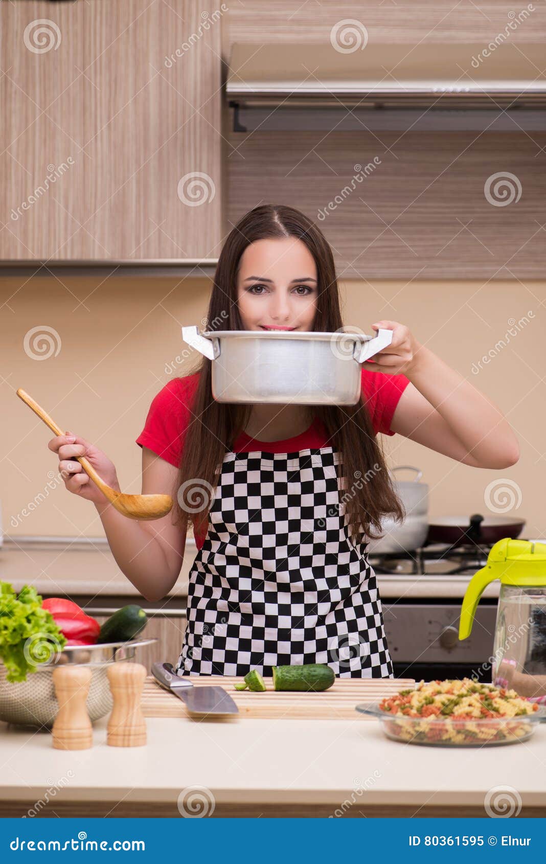 The Young Woman Housewife Working in the Kitchen Stock Image - Image of ...