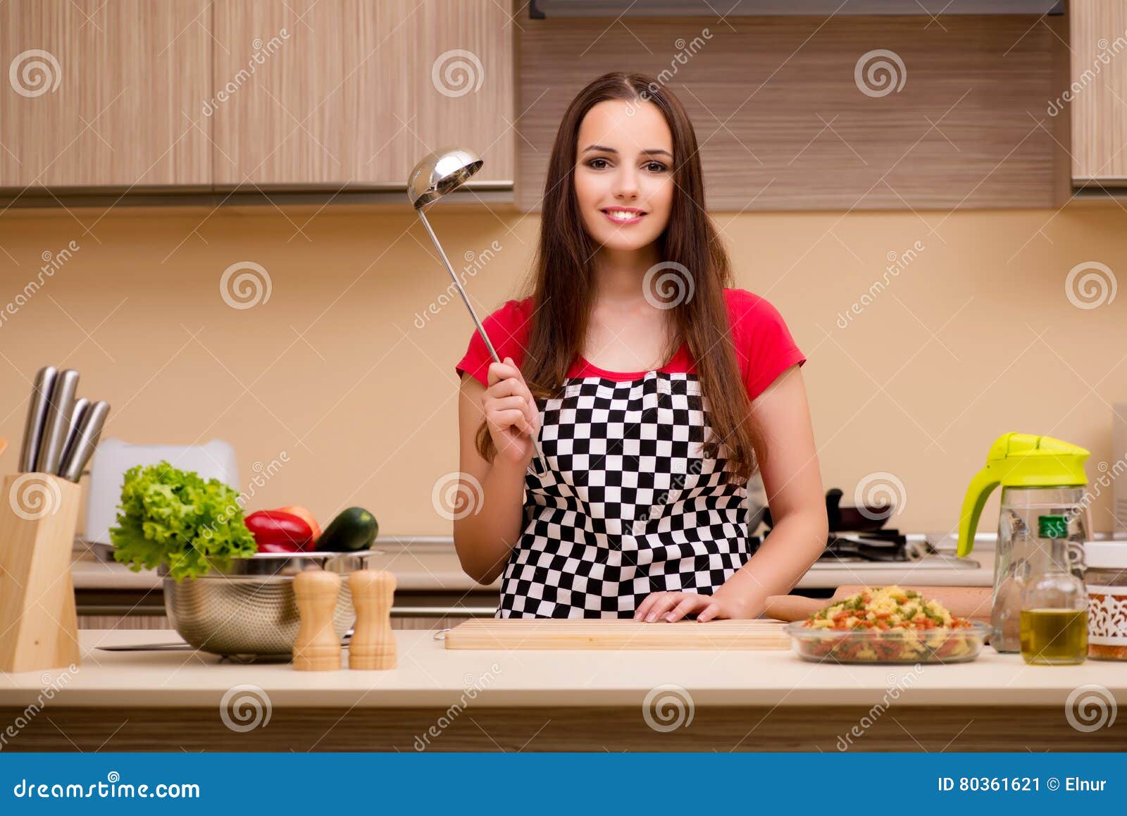 The Young Woman Housewife Working in the Kitchen Stock Image - Image of ...