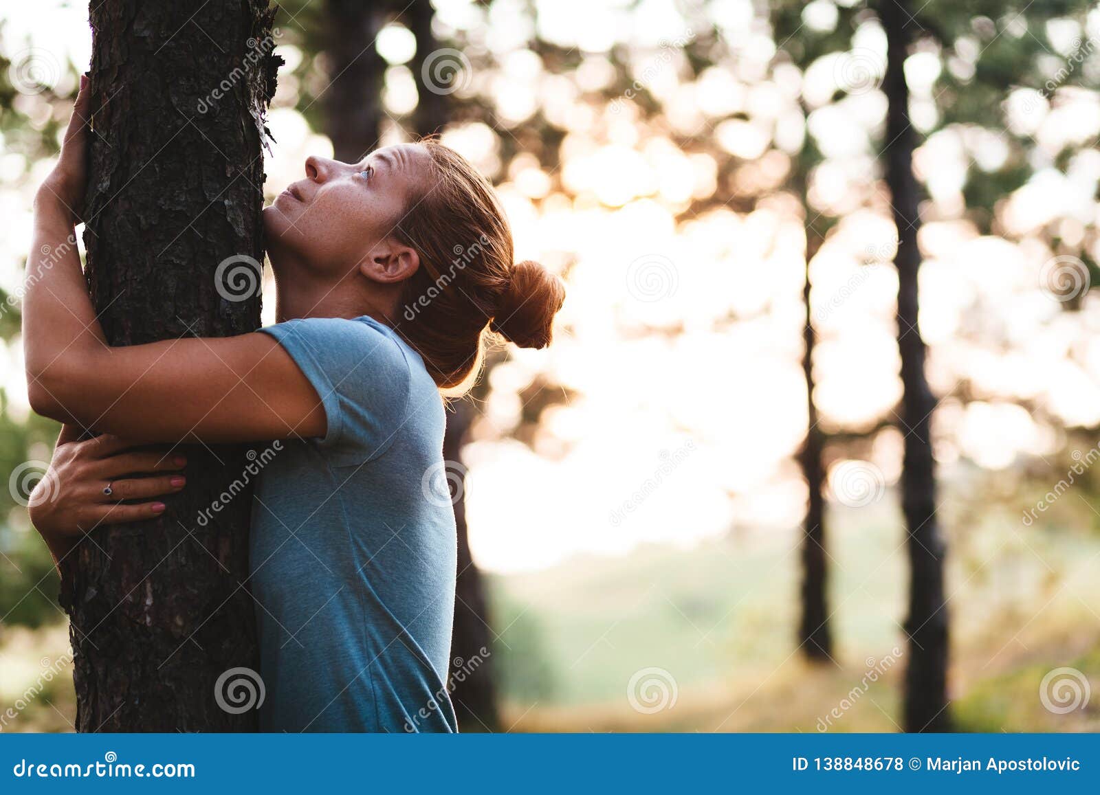 Young Woman Hugging Tree in the Forest Stock Photo - Image of lifestyle ...