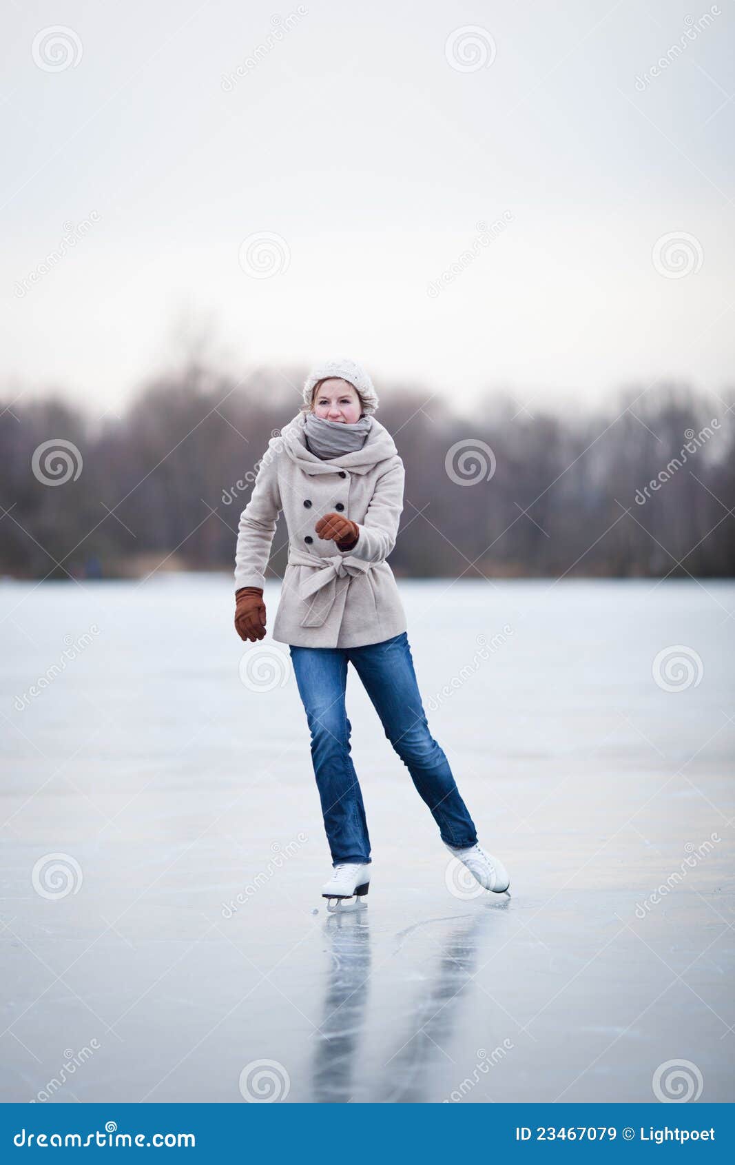 Young Woman Ice Skating Outdoors on a Pond Stock Image - Image of ...