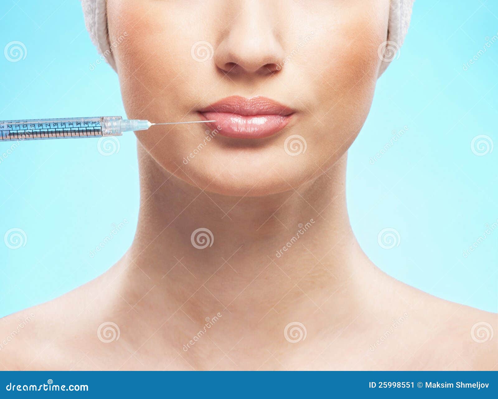 A Young Woman Injecting Botox into Her Lower Lip Stock Image - Image of ...