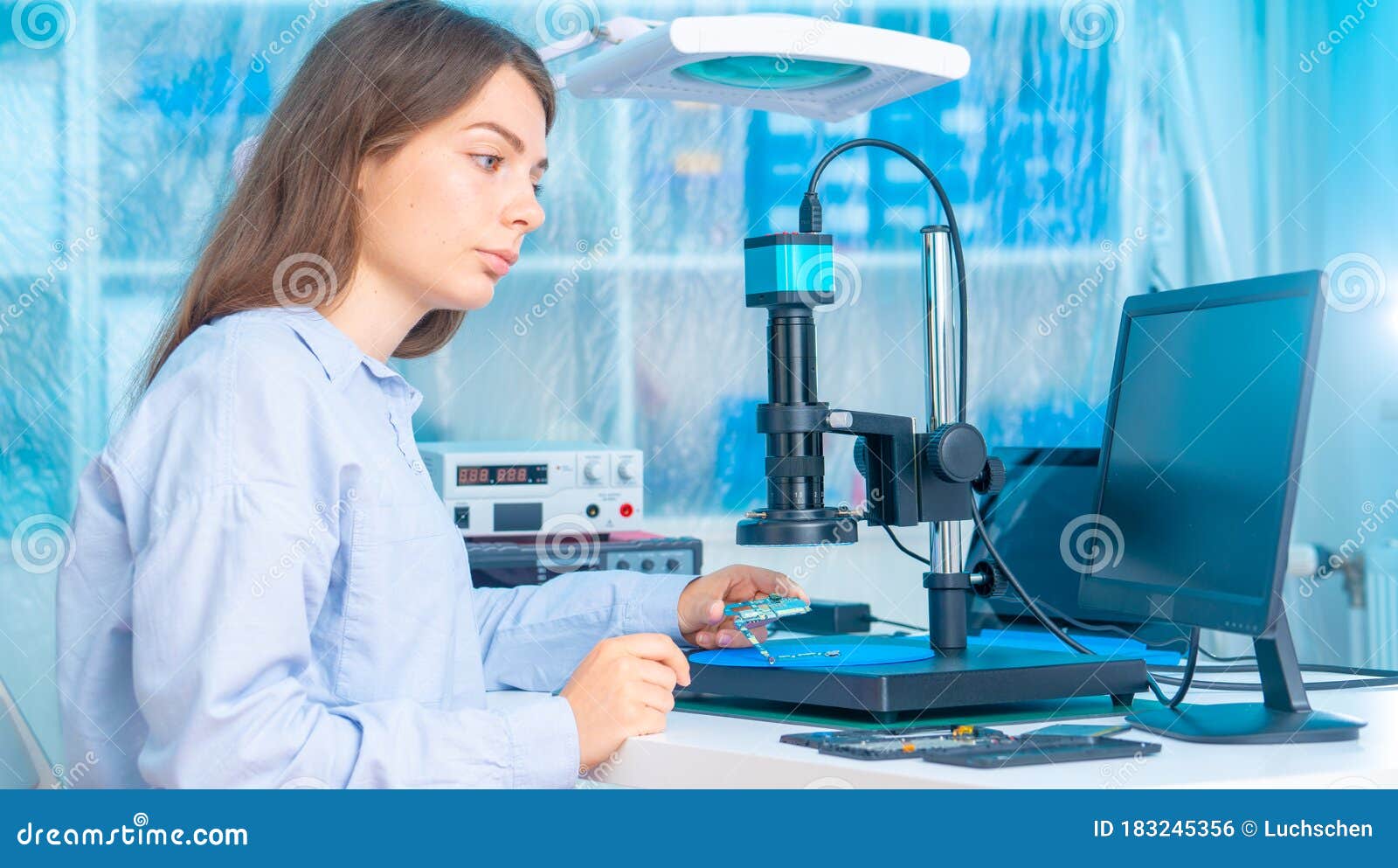 Young Woman in Inspection Electronics PCB Devise. Modern Electronics ...