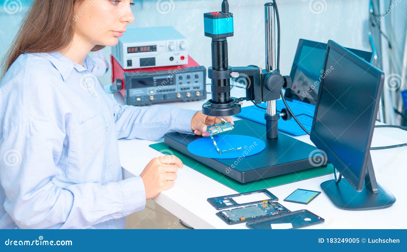 Young Woman in Inspection Electronics PCB Devise. Modern Electronics ...