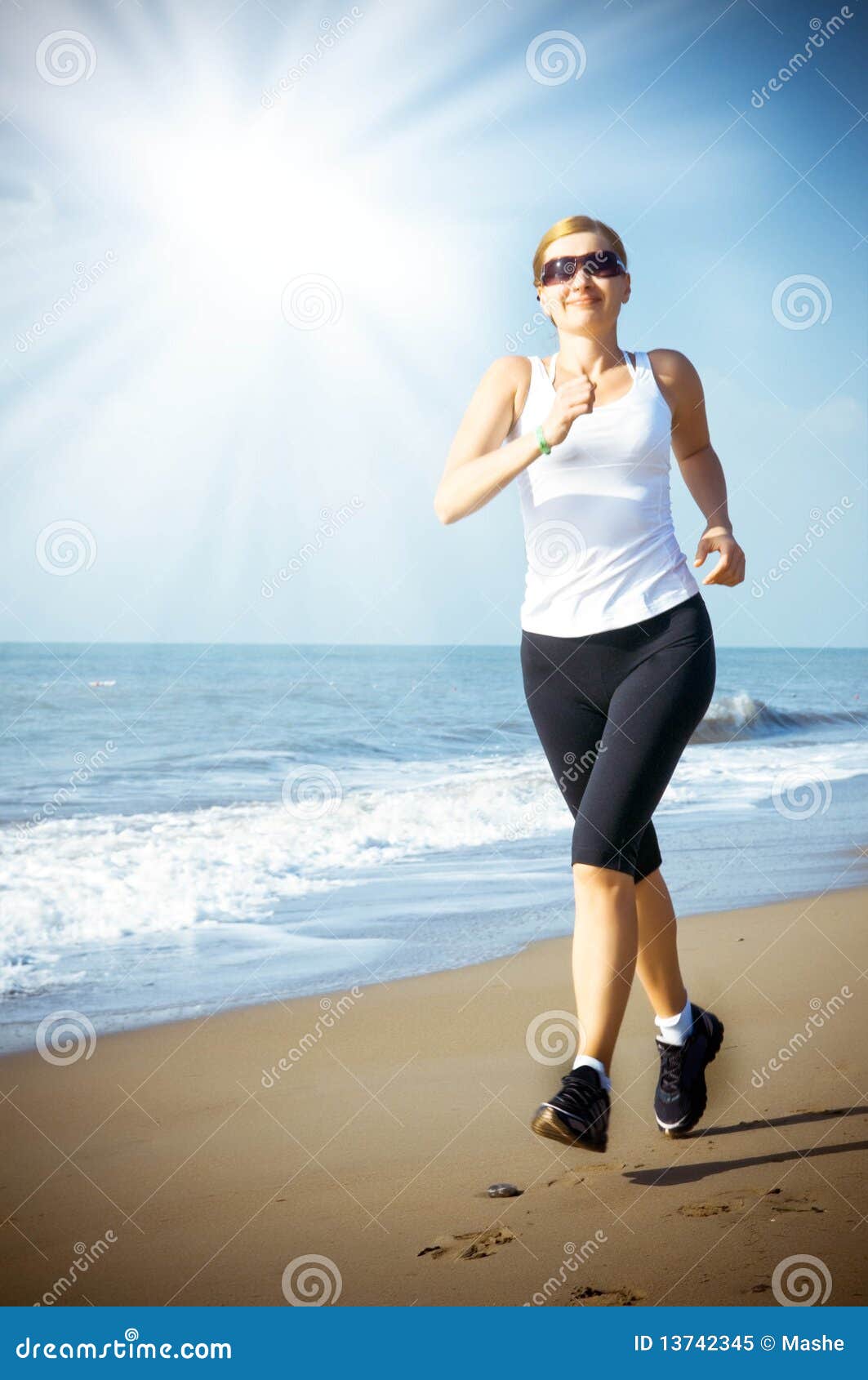 Young Woman Jogging on the Beach Stock Image - Image of athletic ...