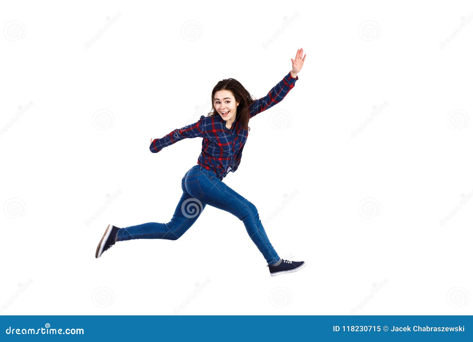 Young Woman Jumping on White Background Stock Image - Image of leap ...